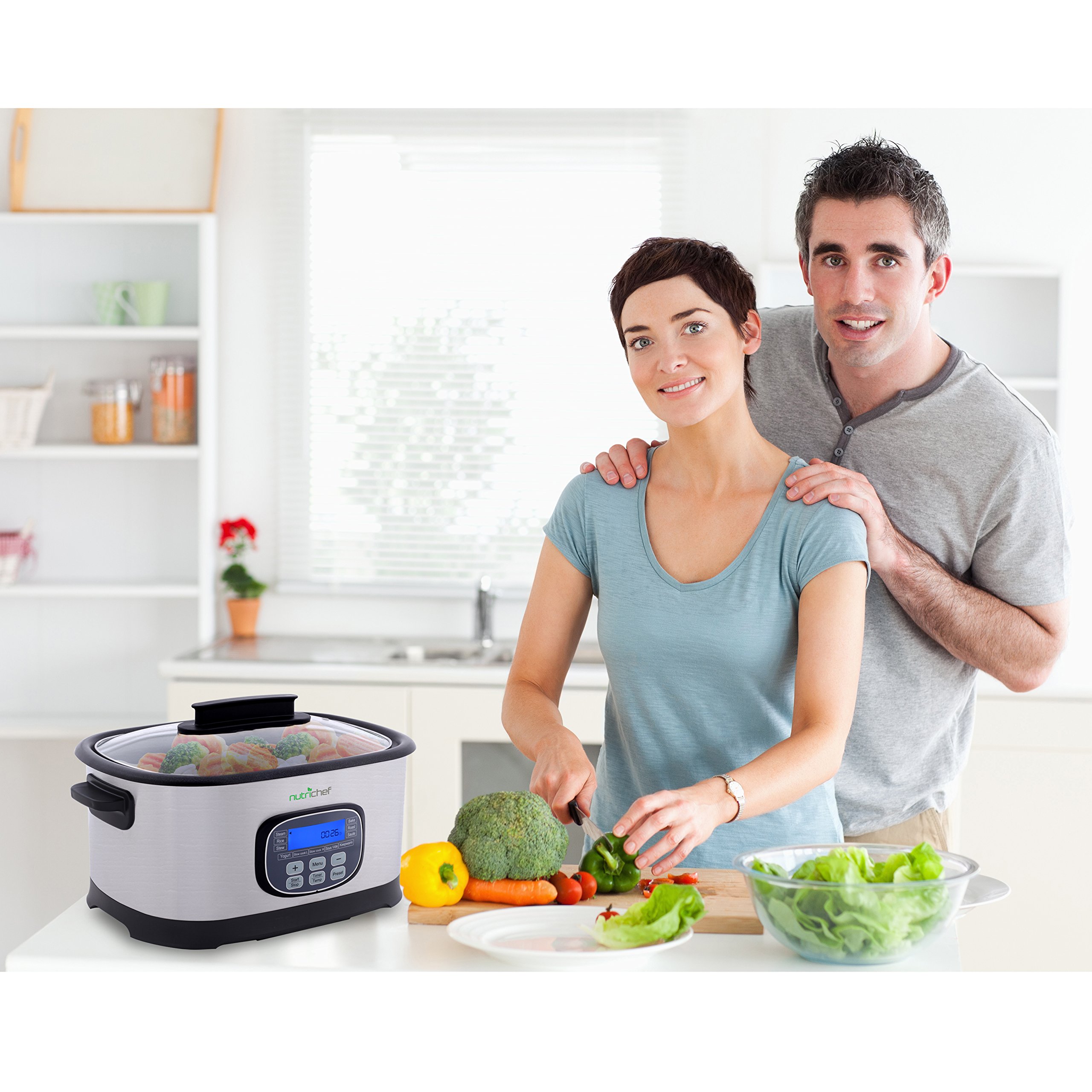 NutriChef Slow Cooker Electric Steamer - Sous Vide Cooking Mode, Stainless Steel High Pressure Multi-Cooker Crock Pot with Digital LCD Display, 11 Preset Cooking Modes, 6.5 Quart Capacity AZPKPC45