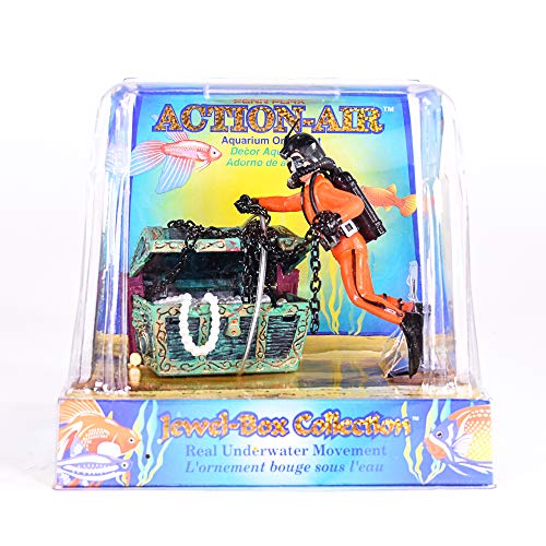 Penn-Plax Aquarium Decoration with Moving Treasure Chest, Floating Diver, and Bubble Action 4 Inches High