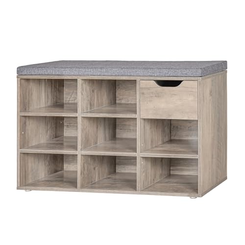 DINZI LVJ Shoe Bench,Entryway Storage Bench with Drawer and 8 Cubbies,Cubby Rack Adjustable Shelves,Shoe Organizer Cabinet for Living Room,Bedroom,Mudroom,Closet Garage,Greige (M04XD01XY01-1)