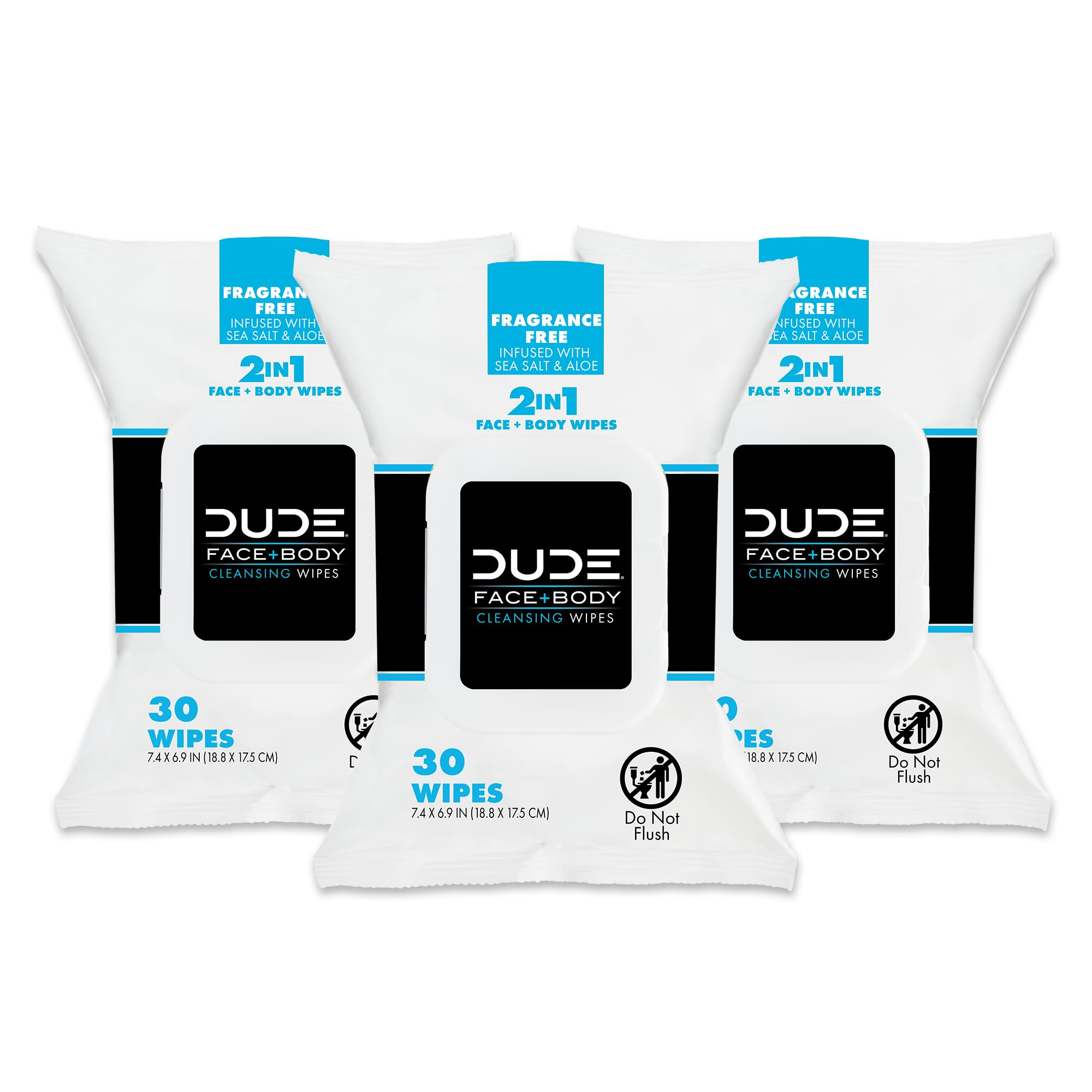 DUDE Wipes Face and Body Wipes - 3 Pack, 90 Wipes - Unscented Wipes with Sea Salt & Aloe - 2-in-1 Body & Face Wipes - Alcohol Free and Hypoallergenic Cleansing Wipes