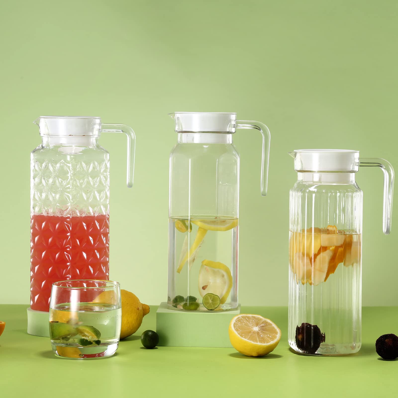 Acrylic Pitcher 37 oz, OEH Unbreakable Plastic Pitcher, Clear Plastic Pitcher with Lid, BPA-Free, Heat-Resistant Small Plastic Water Pitcher for Tea, Sangria, Lemonade, Juice, Milk, Stripe