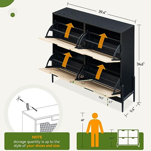 GAOMON Natural Rattan 4 Flip Door Shoe Rack Storage Cabinet, Shoe Cabinet Organizer Freestanding with 3-Tier Adjustable Shelves for Entryway, Entrance Hallway (4 Flip Doors, Black)