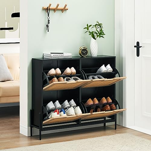 GAOMON Natural Rattan 4 Flip Door Shoe Rack Storage Cabinet, Shoe Cabinet Organizer Freestanding with 3-Tier Adjustable Shelves for Entryway, Entrance Hallway (4 Flip Doors, Black)