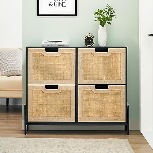 GAOMON Natural Rattan 4 Flip Door Shoe Rack Storage Cabinet, Shoe Cabinet Organizer Freestanding with 3-Tier Adjustable Shelves for Entryway, Entrance Hallway (4 Flip Doors, Black)