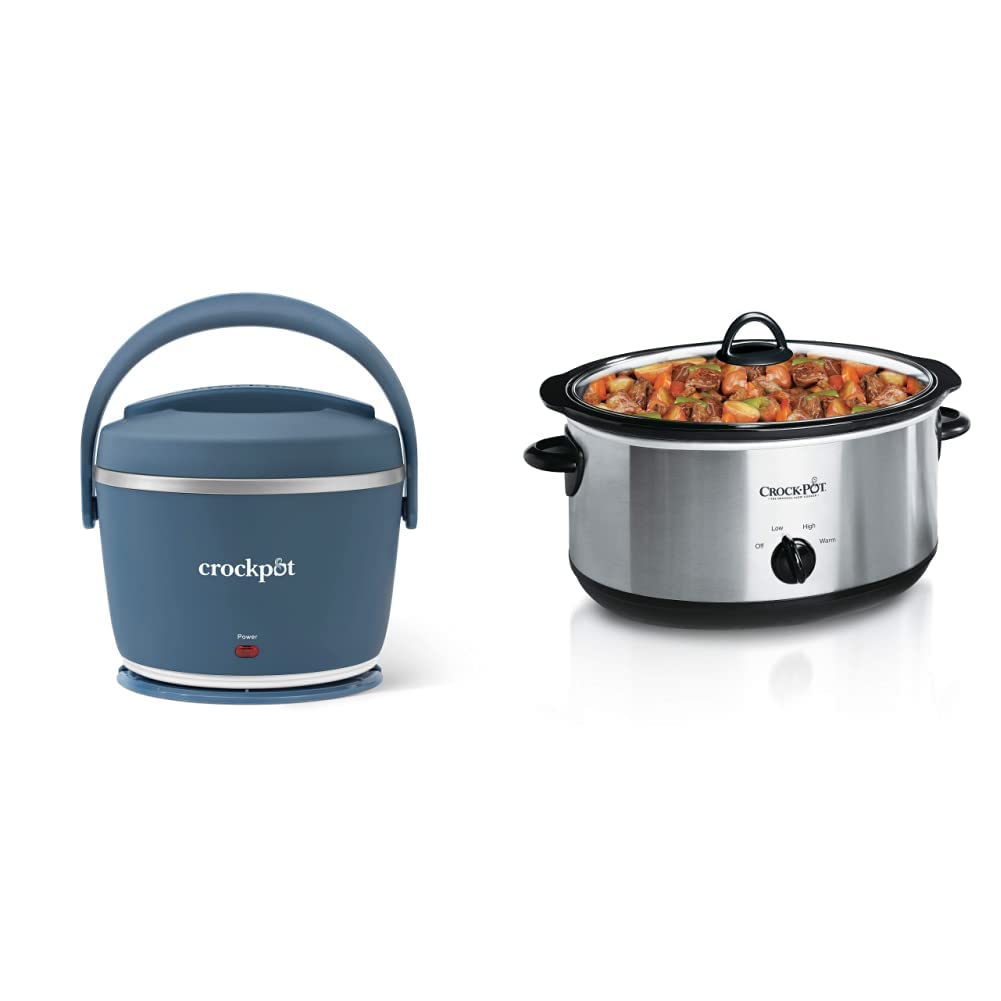 Crockpot Electric Lunch Box, Portable Food Warmer for On-the-Go, 20-Ounce, Faded Blue & 7-Quart Oval Manual Slow Cooker | Stainless Steel (SCV700-S-BR)