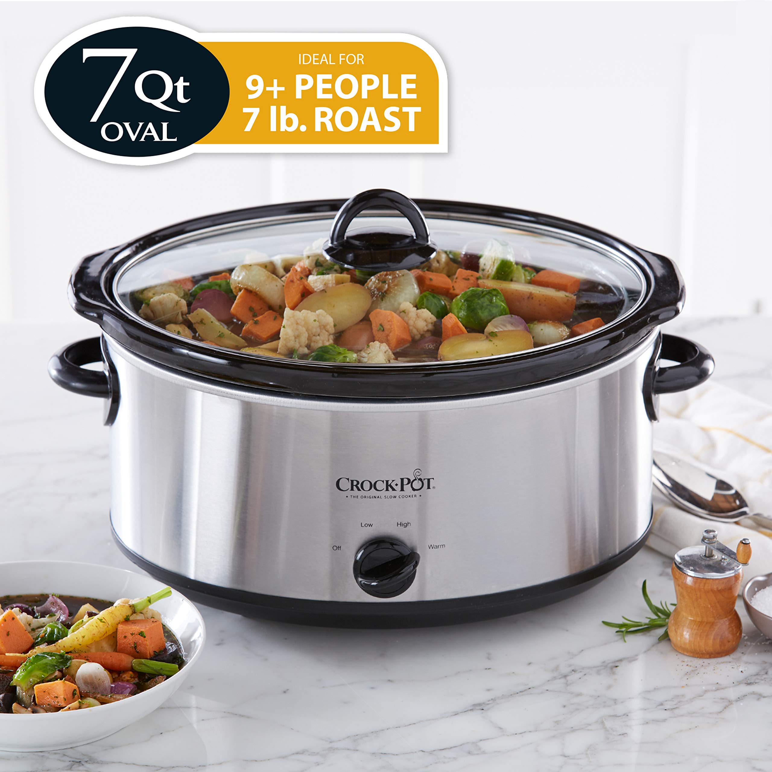 Crock-Pot 7 Quart Oval Manual Slow Cooker, Stainless Steel (SCV700-S-BR) & Electric Lunch Box, Portable Food Warmer for On-the-Go, 20-Ounce, Black/Blue