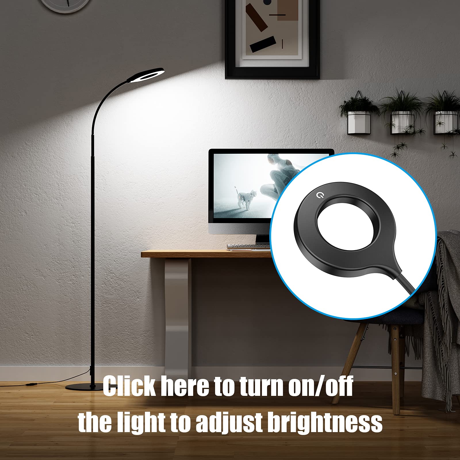 JKSWT LED Floor Lamp, 3 Brightness Levels Eye-Caring Dimmable Standing Reading Lamp 4000K Colors temperatures with Adjustable Gooseneck for Living Room Bedroom Reading - Black