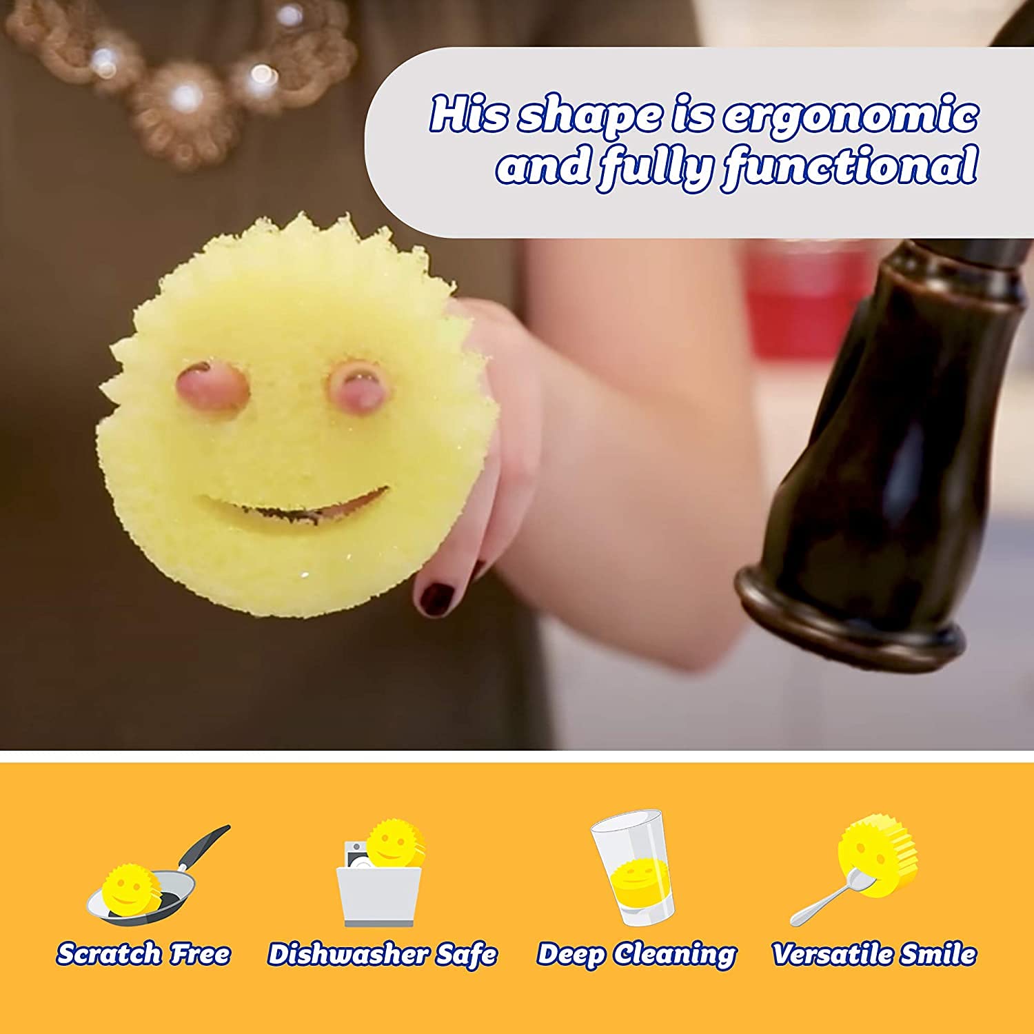 Scrub Daddy Smiling Scrubber, Grey - Scratch-Free Multipurpose Dish Sponge - BPA Free & Made with Polymer Foam - Stain, Mold & Odor Resistant Kitchen Sponge (1 Count)