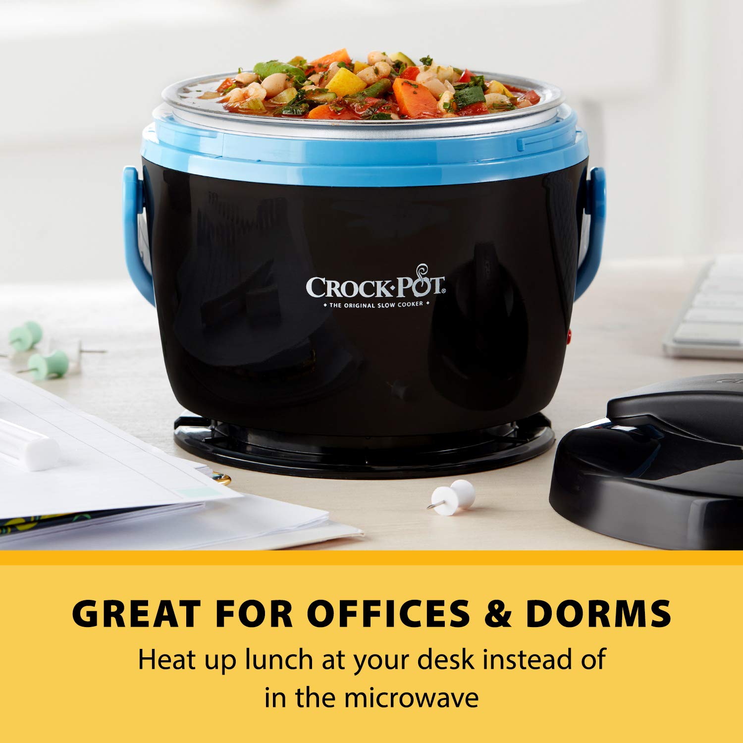 Crock-Pot 7 Quart Oval Manual Slow Cooker, Stainless Steel (SCV700-S-BR) & Electric Lunch Box, Portable Food Warmer for On-the-Go, 20-Ounce, Black/Blue