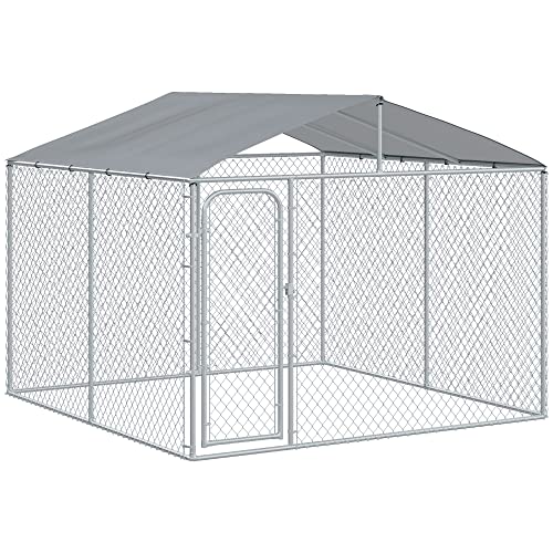 PawHut Dog Kennel Outdoor with Water-Resistant Cover, Steel Exercise Pen with Galvanized Chain Link, Outside Pet Playpen with Secure Lock, 9.8' x 9.8' x 7.7'