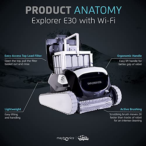 Dolphin Explorer E30 Robotic Pool Vacuum Cleaner with Wi-Fi Control โ Large Capacity, Top Load Filter Basket is Simple to Clean โ Powerful Suction Captures Small Debris โ Ideal for All Pool Types