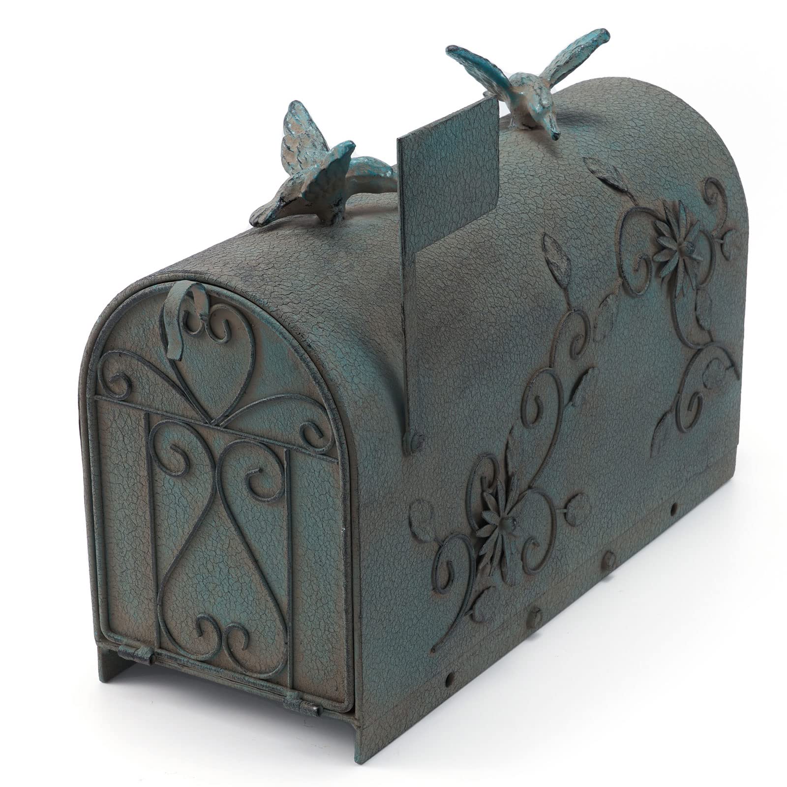 MEIYIHUI Heavy Duty Galvanized Steel Mailbox Post, Rural Mail Box Postal Storage Box with Bird Decoration (Vintage Green)