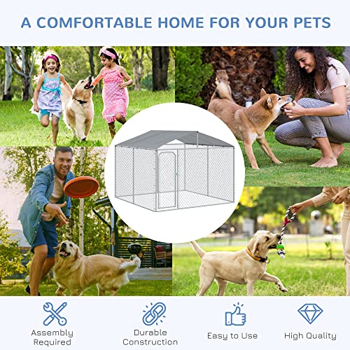 PawHut Dog Kennel Outdoor with Water-Resistant Cover, Steel Exercise Pen with Galvanized Chain Link, Outside Pet Playpen with Secure Lock, 9.8' x 9.8' x 7.7'