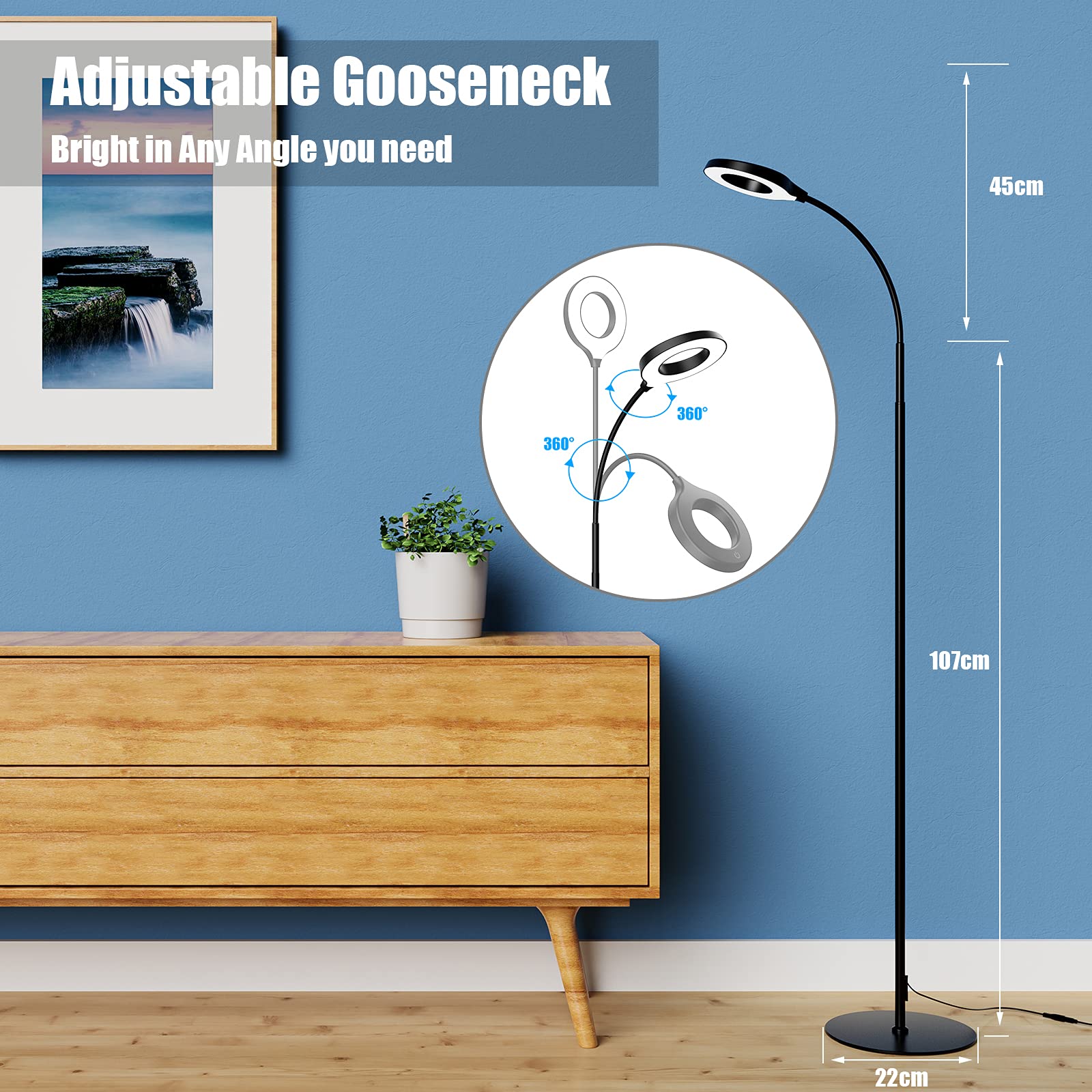 JKSWT LED Floor Lamp, 3 Brightness Levels Eye-Caring Dimmable Standing Reading Lamp 4000K Colors temperatures with Adjustable Gooseneck for Living Room Bedroom Reading - Black