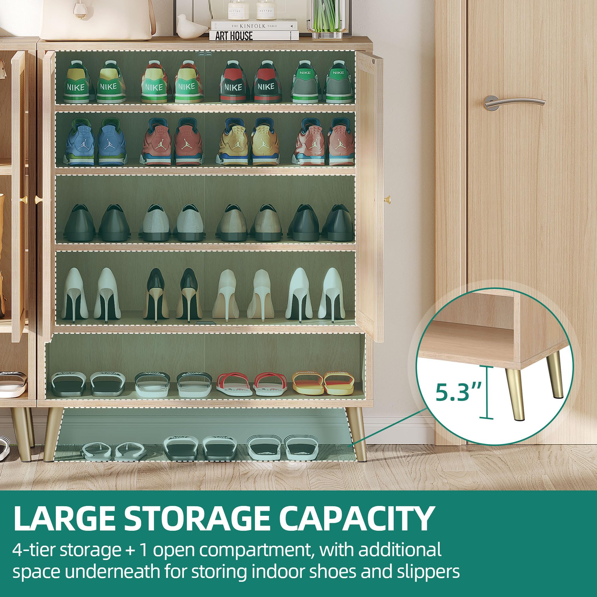 YITAHOME Rattan Shoe Cabinet with Doors, 5-Tier Shoe Storage Cabinet for Entryway, Shoe Rack Organizer Cabinet for Entryway/Hallway/Closet