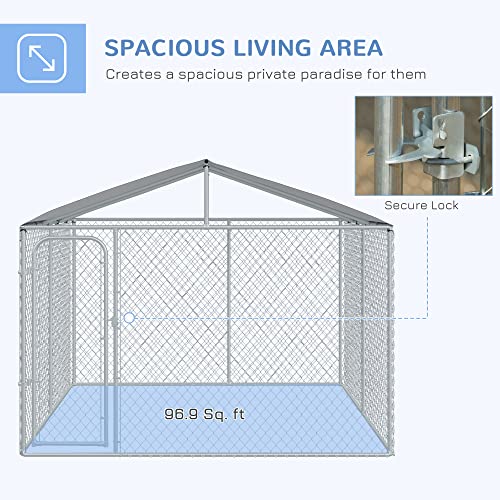 PawHut Dog Kennel Outdoor with Water-Resistant Cover, Steel Exercise Pen with Galvanized Chain Link, Outside Pet Playpen with Secure Lock, 9.8' x 9.8' x 7.7'