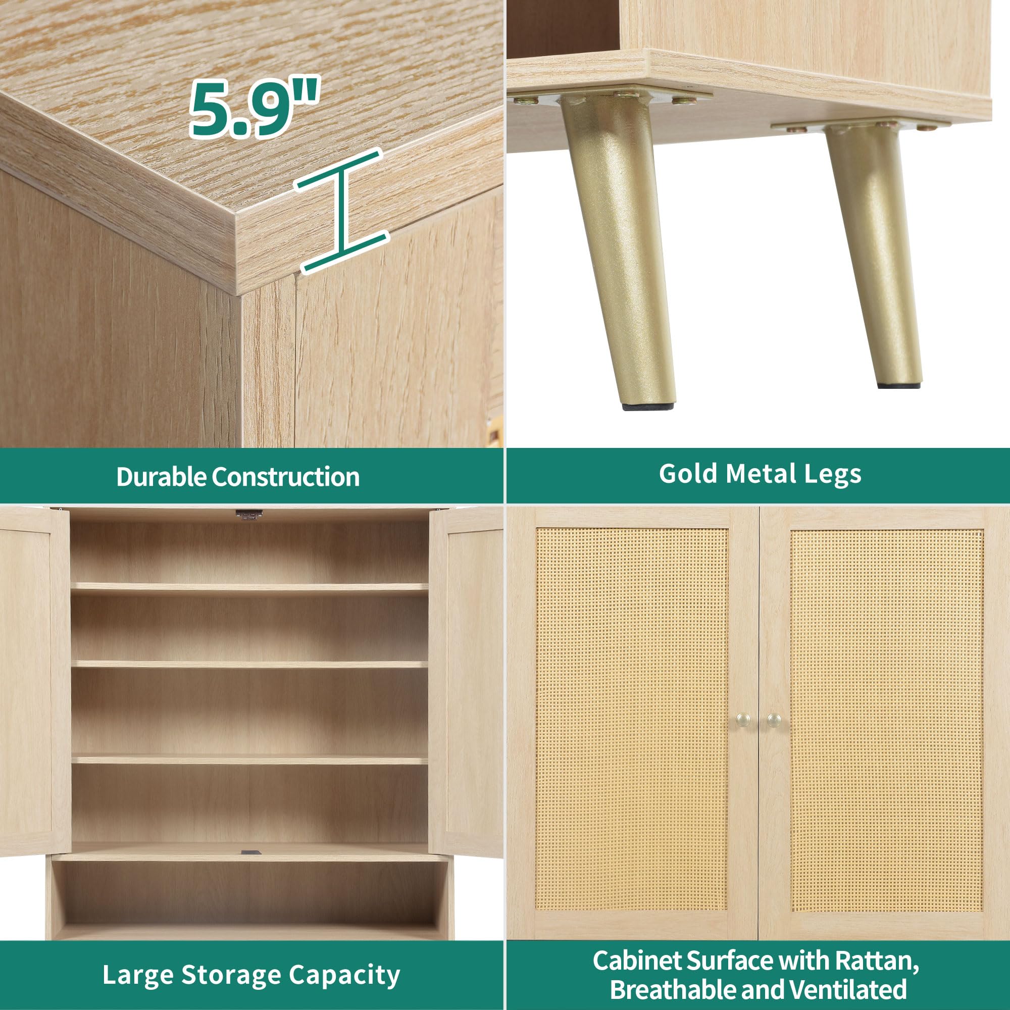 YITAHOME Rattan Shoe Cabinet with Doors, 5-Tier Shoe Storage Cabinet for Entryway, Shoe Rack Organizer Cabinet for Entryway/Hallway/Closet