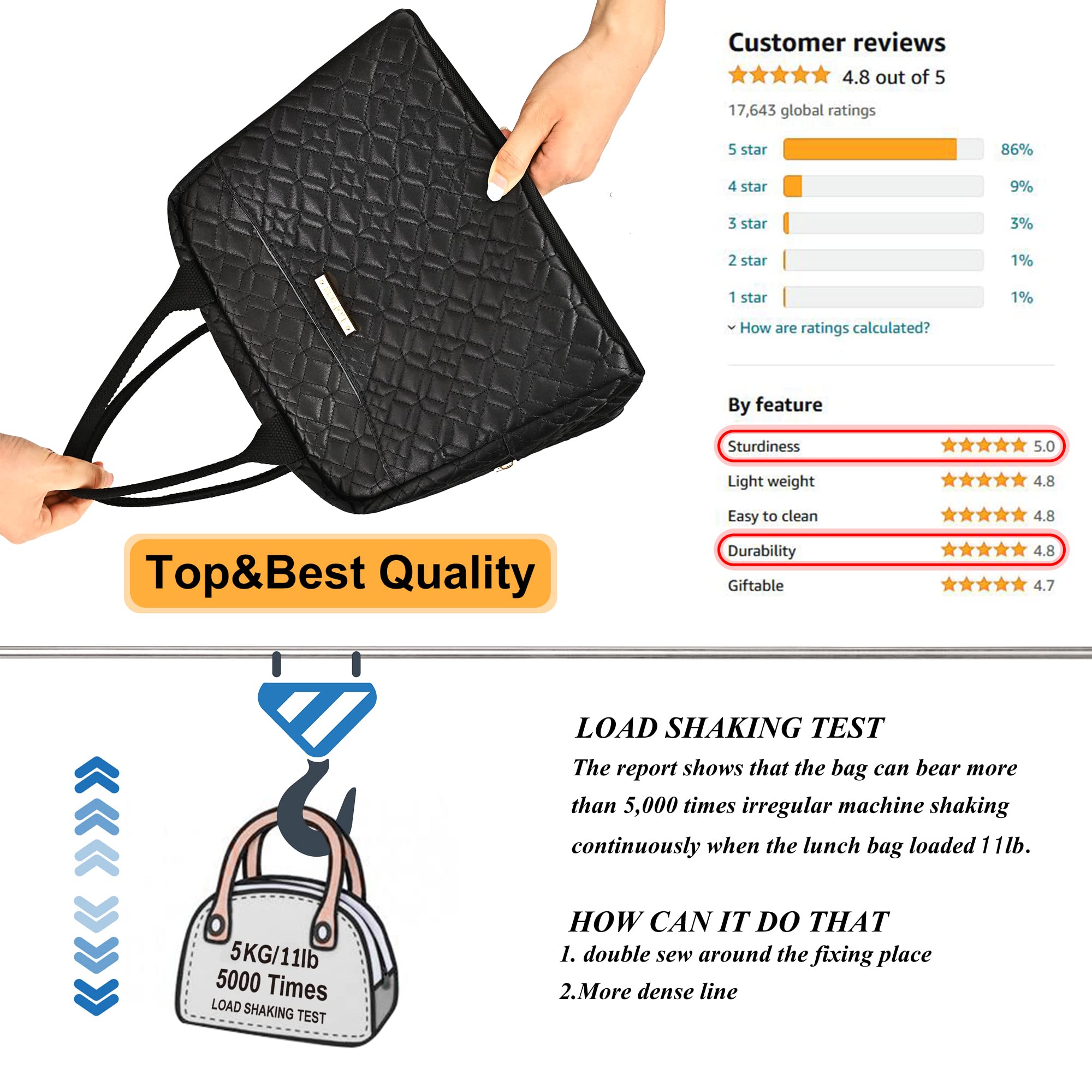 LOKASS Lunch Bag Women Insulated Lunch Box Thermal Lunch Tote Bags for Adults Work(Black-Embroidery)