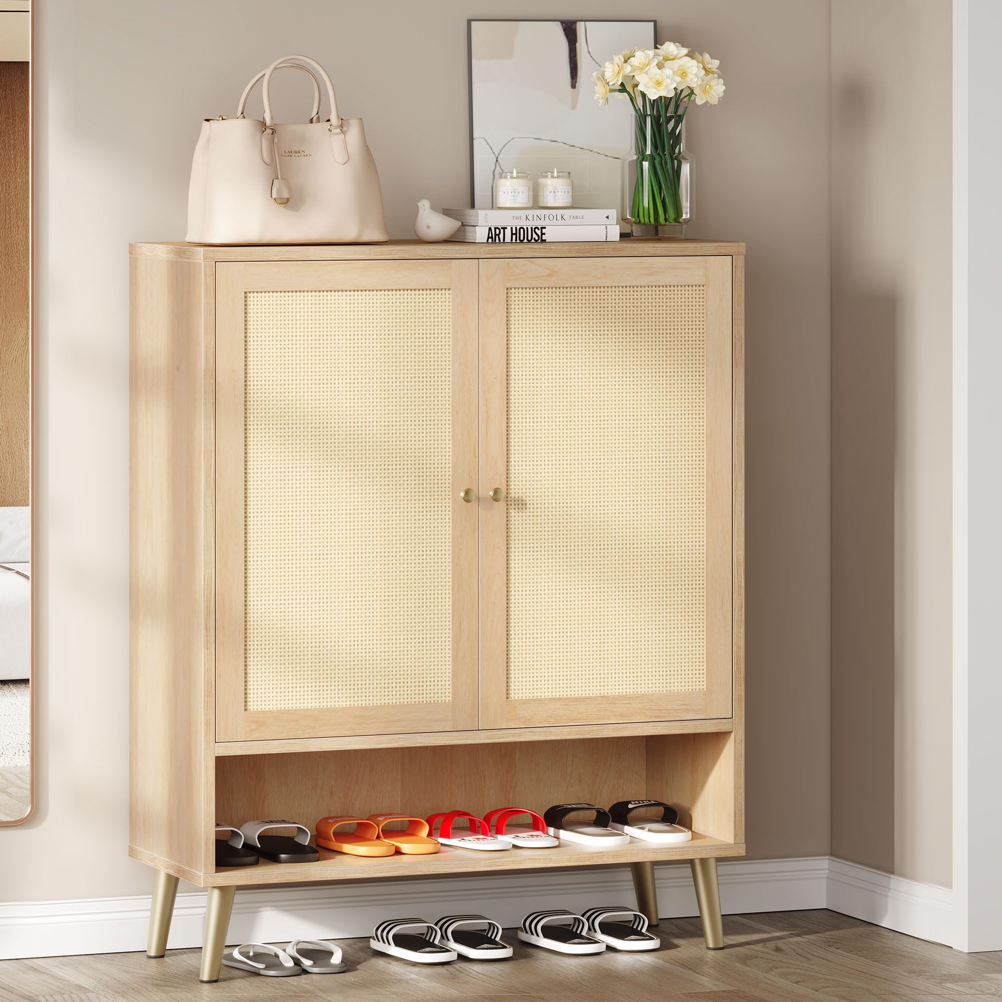 YITAHOME Rattan Shoe Cabinet with Doors, 5-Tier Shoe Storage Cabinet for Entryway, Shoe Rack Organizer Cabinet for Entryway/Hallway/Closet