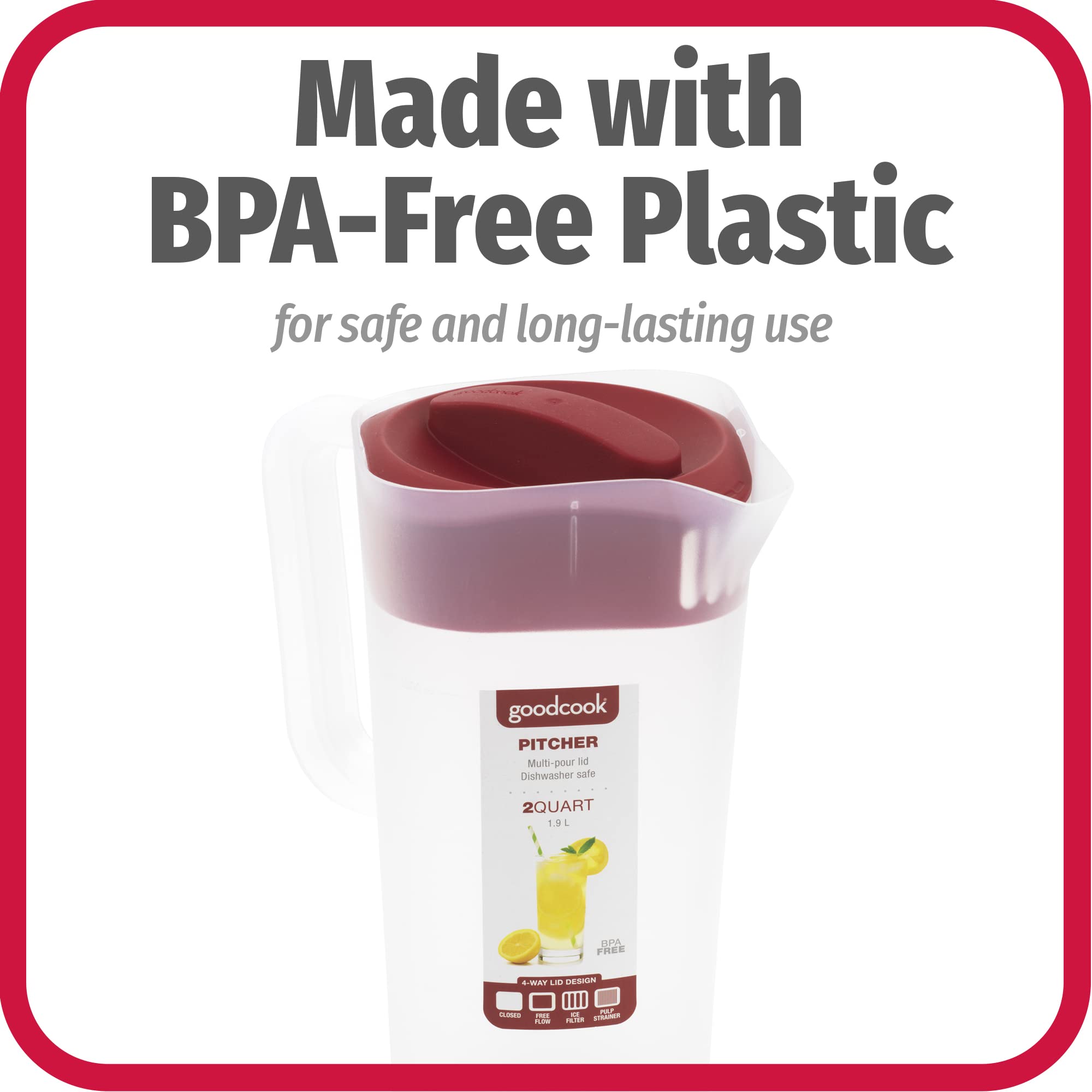 Good Cook 1/2 Gallon Plastic Straining Pitcher Square Lid with 3 Strainers and Close No Spill, Dishwasher Safe, Clear and Red