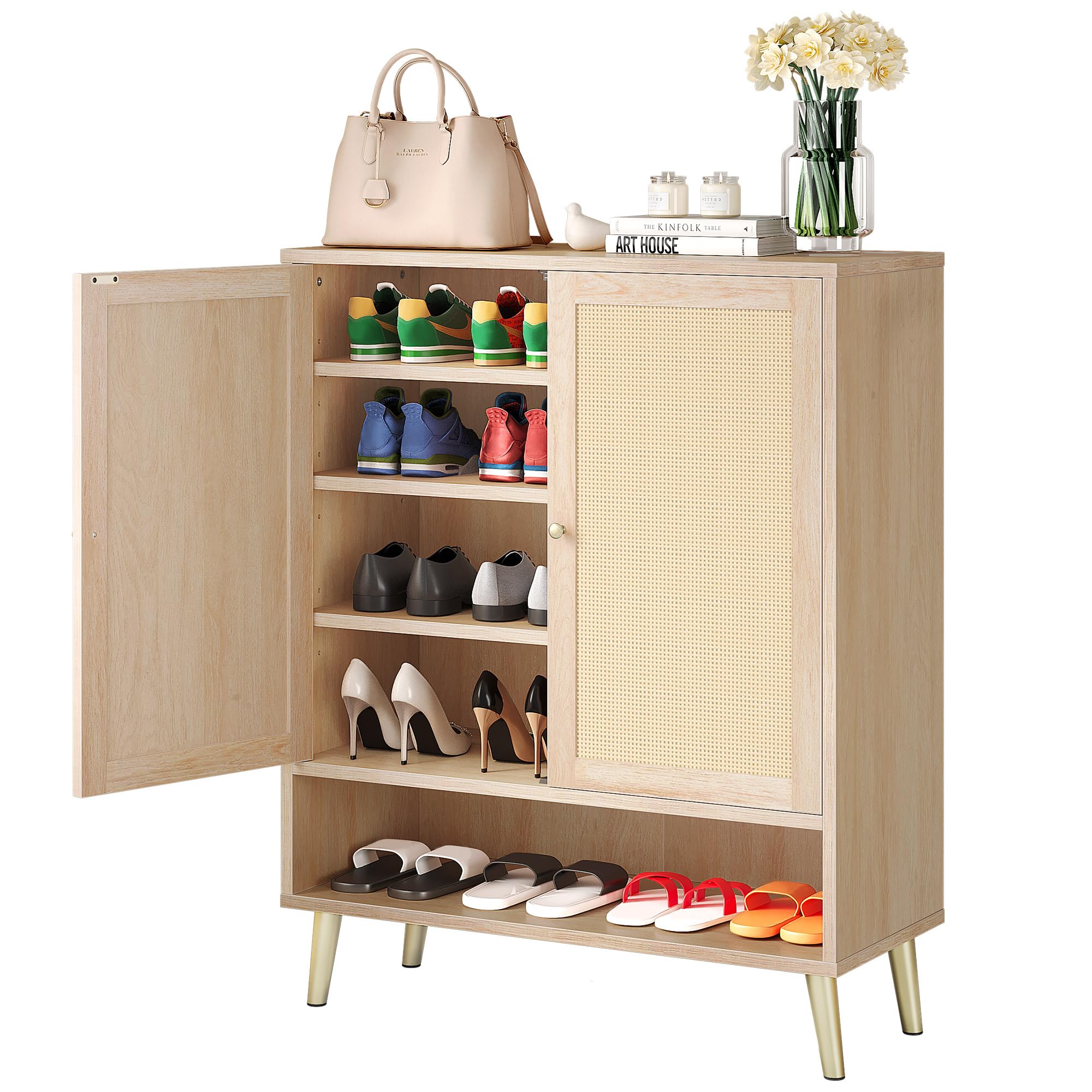 YITAHOME Rattan Shoe Cabinet with Doors, 5-Tier Shoe Storage Cabinet for Entryway, Shoe Rack Organizer Cabinet for Entryway/Hallway/Closet