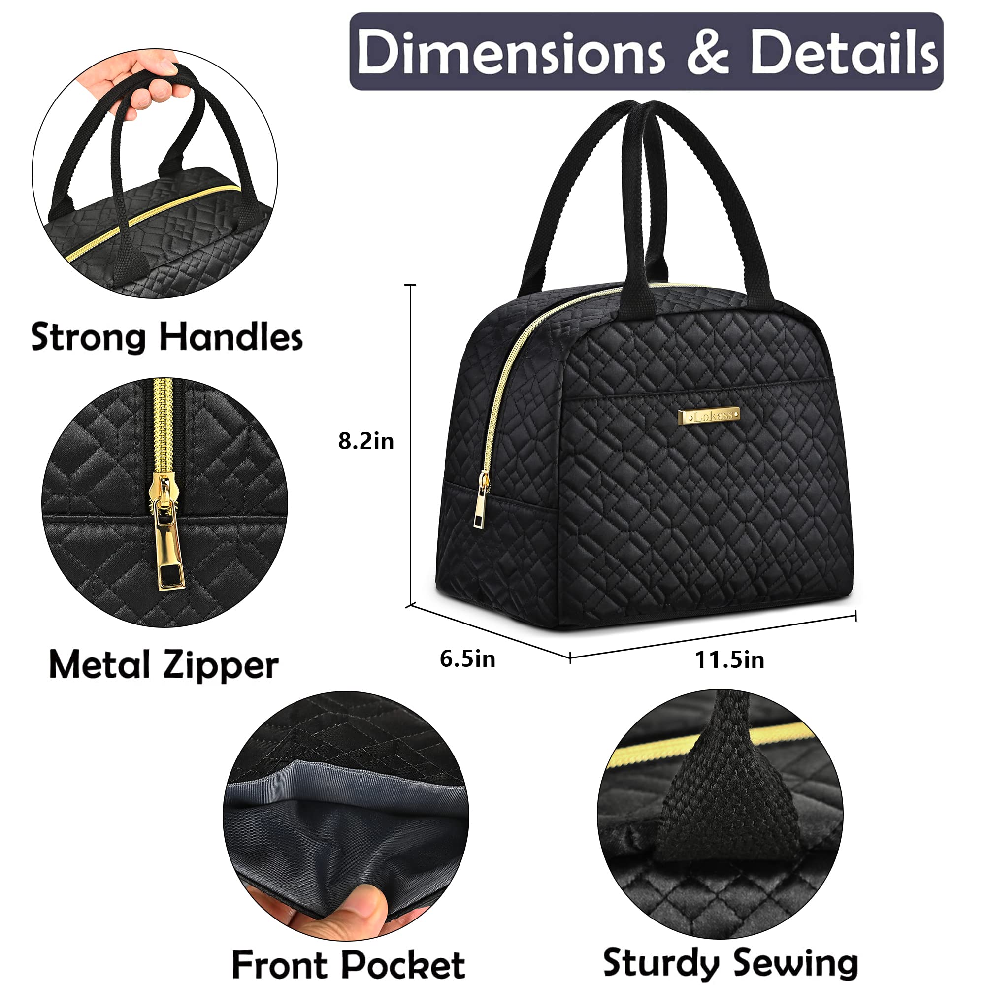 LOKASS Lunch Bag Women Insulated Lunch Box Thermal Lunch Tote Bags for Adults Work(Black-Embroidery)