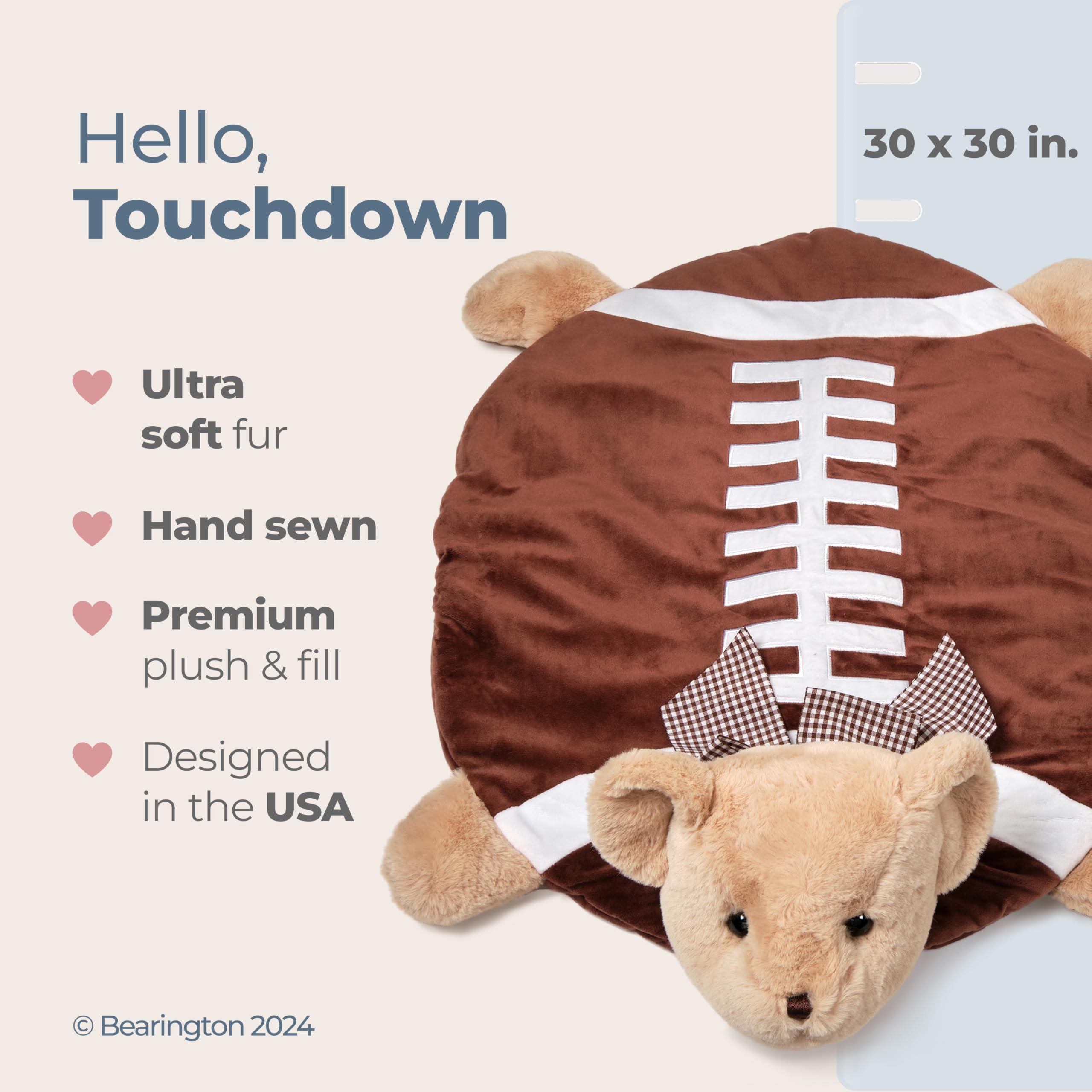 Bearington Baby Touchdown Belly Blanket, Football Teddy Bear Plush Stuffed Animal Tummy Time Play Mat