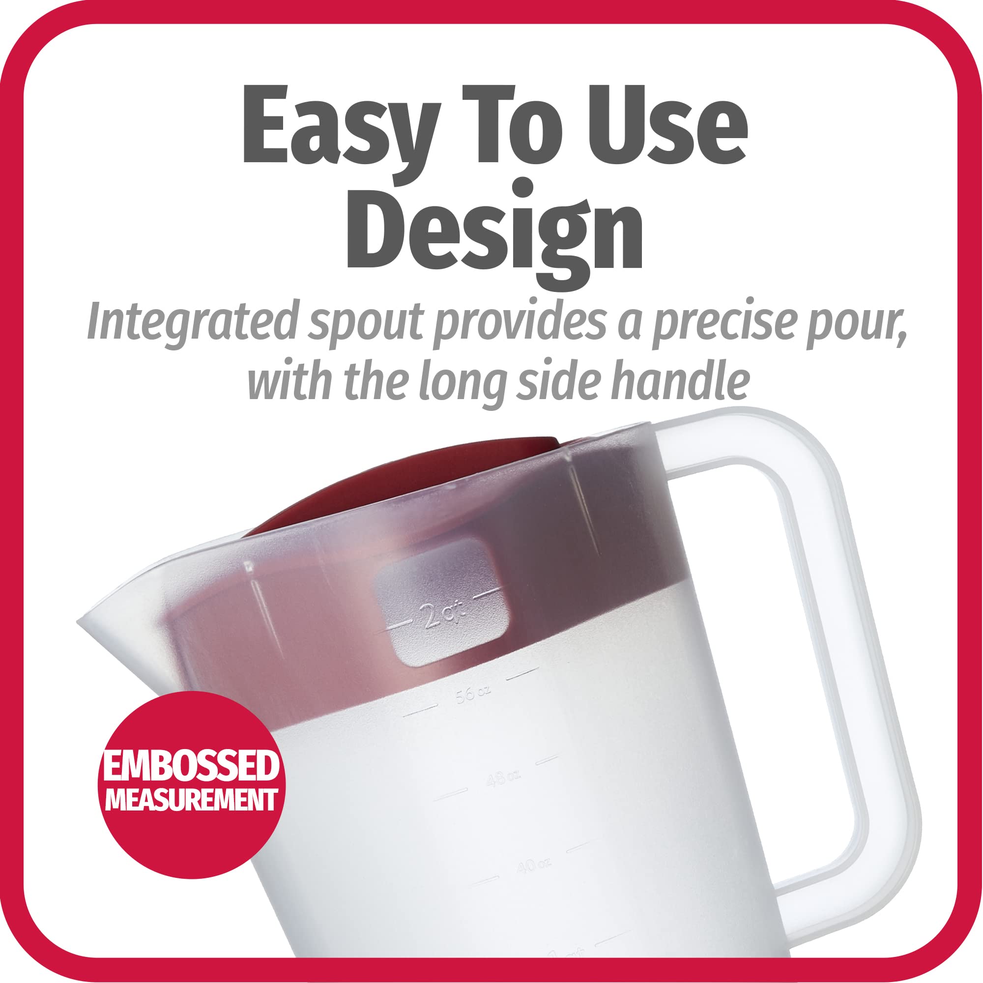 Good Cook 1/2 Gallon Plastic Straining Pitcher Square Lid with 3 Strainers and Close No Spill, Dishwasher Safe, Clear and Red