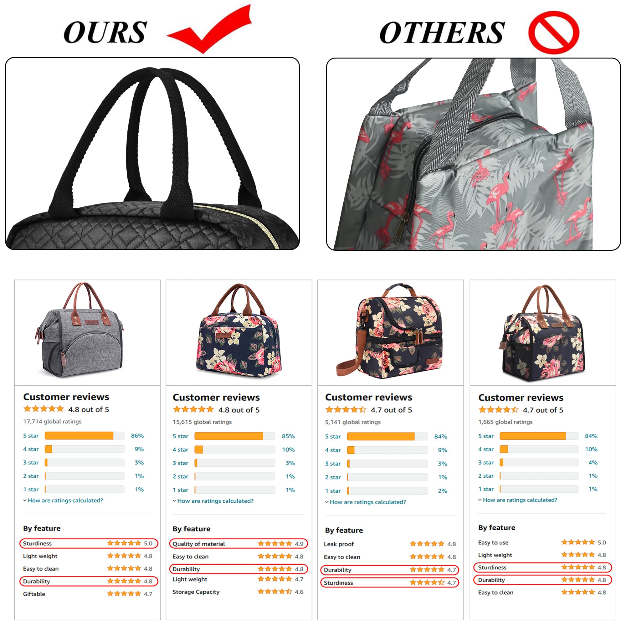 LOKASS Lunch Bag Women Insulated Lunch Box Thermal Lunch Tote Bags for Adults Work(Black-Embroidery)