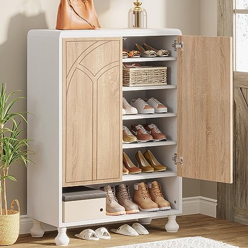 Tribesigns Shoe Storage Cabinet, 24 Pairs Organizer Cabinet with Door, White Freestanding Shoe Storage, 6 Tiers Modern Wood Shoe Rack for Entryway, Living Room (Fits Shoes up to Men's Size 16)