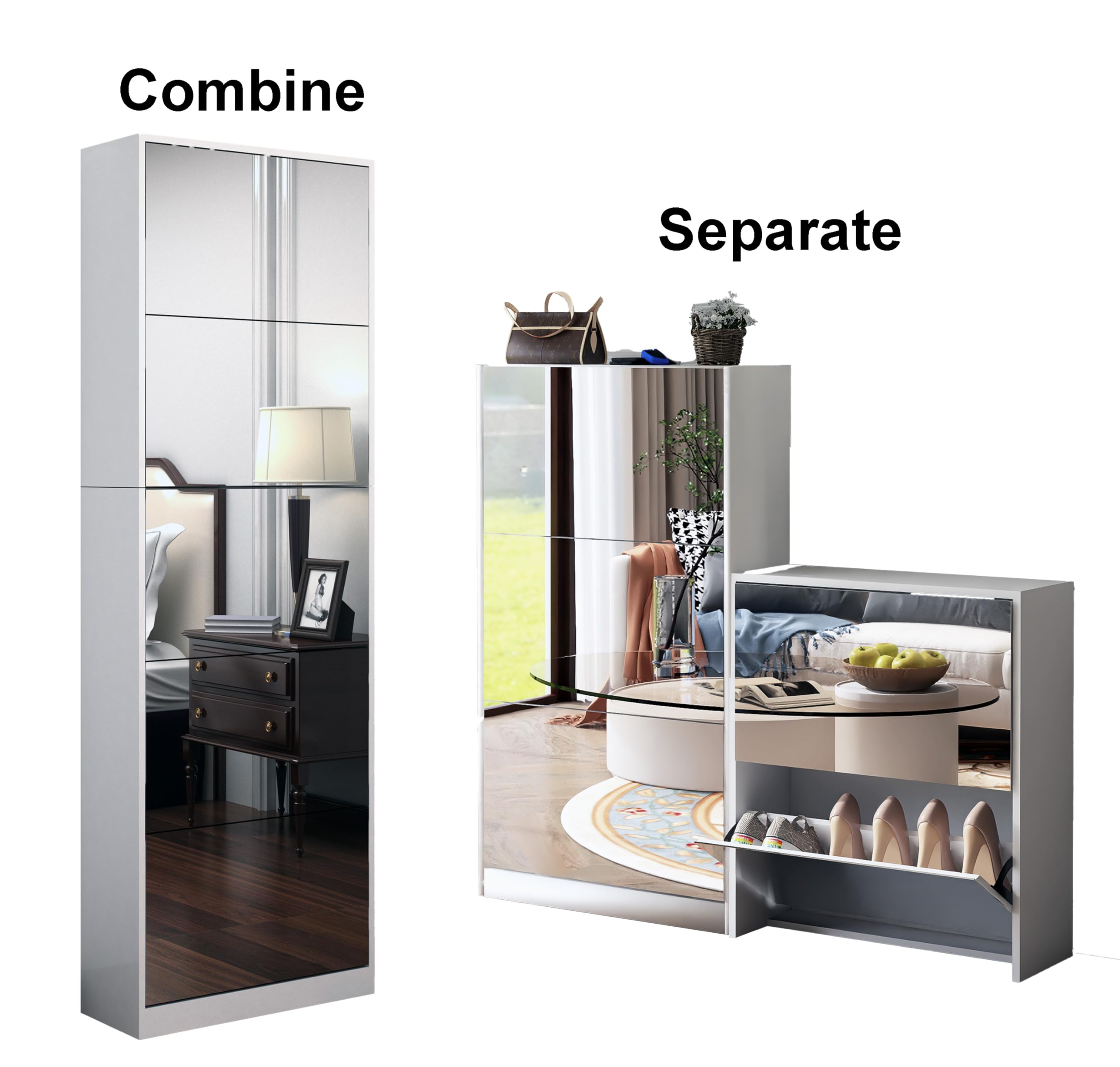 GLSCASA Modern Shoe Cabinet with Full Length Mirror, Freestanding Shoe Storage Organizer with 5 Flip Drawers, Separate 3 + 2 Tier Shoe Cupboard for Entryway, Dressing Room