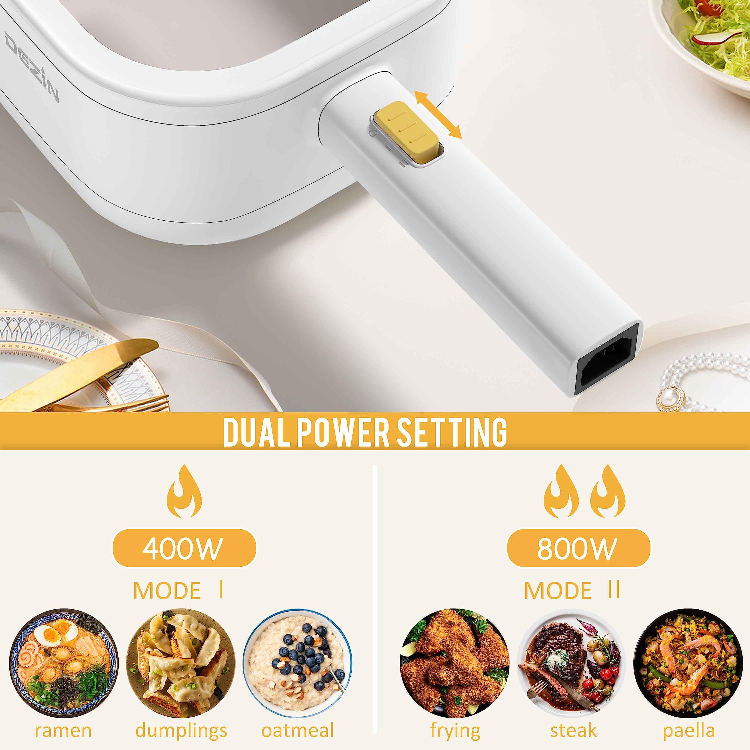 Dezin Electric Hot Pot, 2L Non-Stick Ceramic Coating Ramen Cooker, Multifunction Hot Pot for Ramen, Soup & Oatmeal, Portable Pot with Power Control for Dorm, Office, Travel (Silicone Spatula Included)