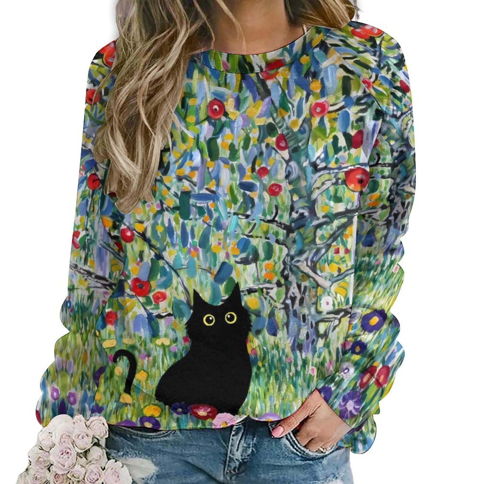 QANSI Floral Women's Oversized Sweatshirt Black Cat Vintage Crewneck Sweatshirt Women Casual Loose Fit Long Sleeve Girls Graphic Sweatshirt Tunic Shirts Klimt Cat in Apple Tree Oil Painting XL