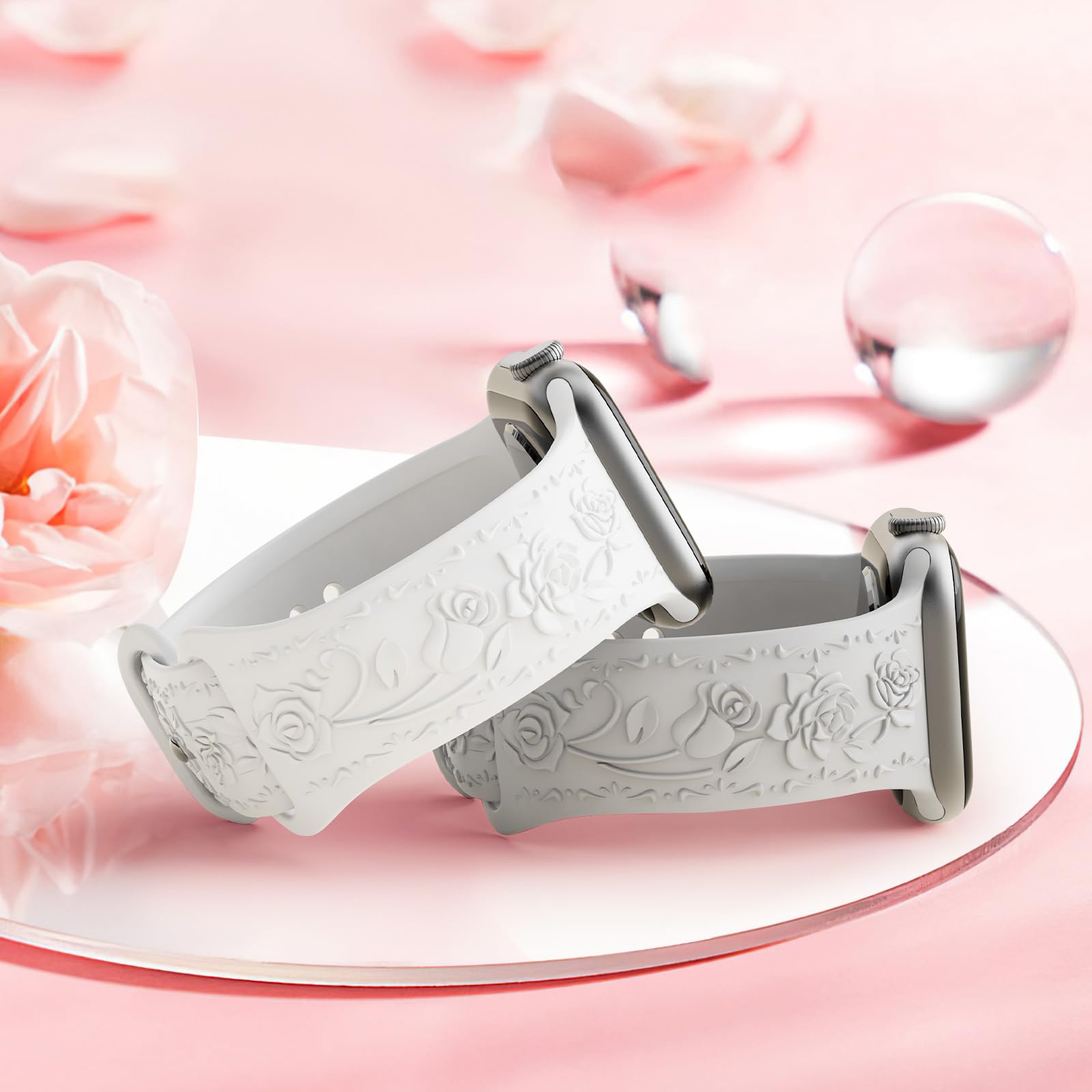 3 Packs Floral Engraved Bands Compatible with Apple Watch Band 40 44 38 42 41 45 46 49mm, Embossed Rose Strap for iWatch Series 10 9 8 7 SE 6 5 4 3 2,38Bwg