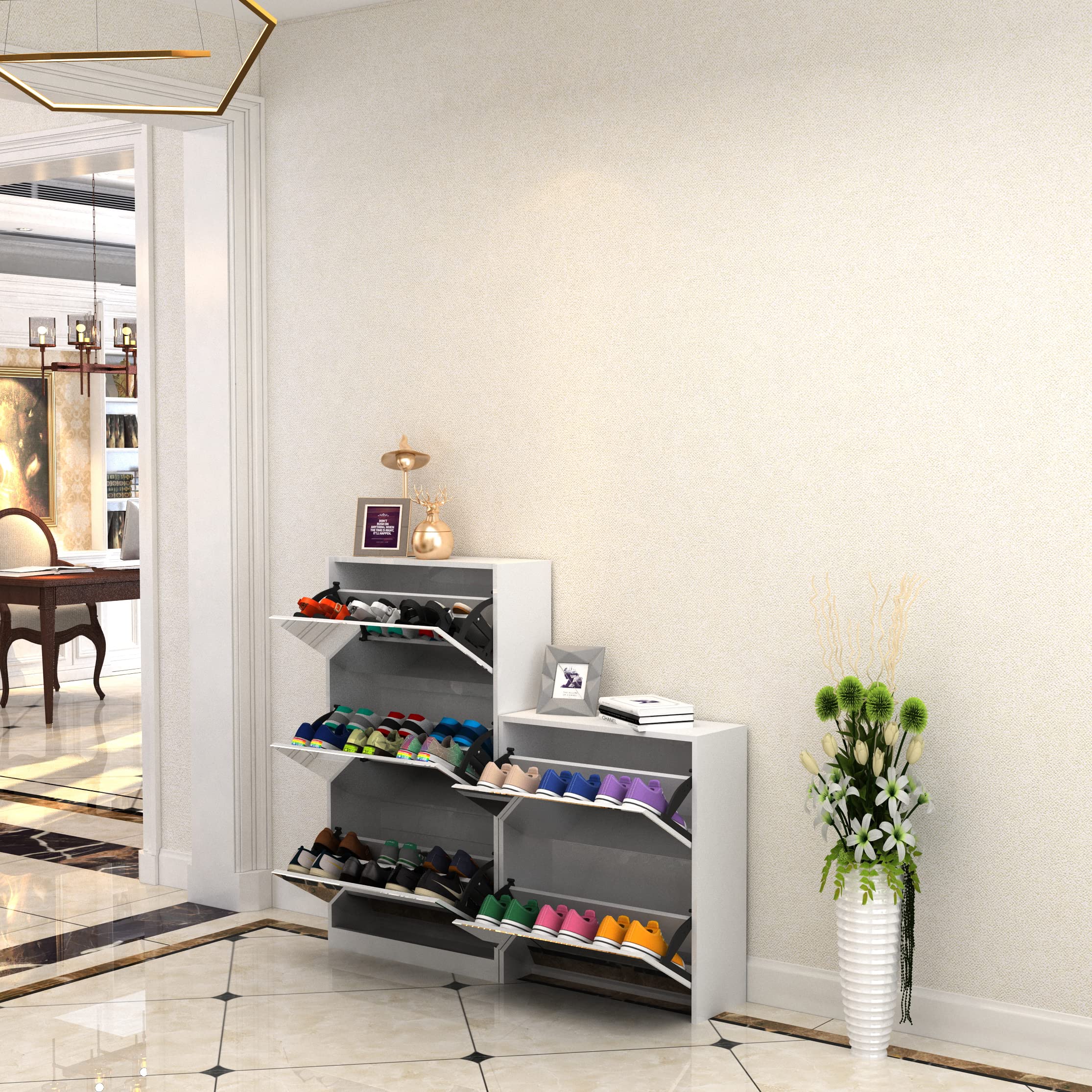 GLSCASA Modern Shoe Cabinet with Full Length Mirror, Freestanding Shoe Storage Organizer with 5 Flip Drawers, Separate 3 + 2 Tier Shoe Cupboard for Entryway, Dressing Room