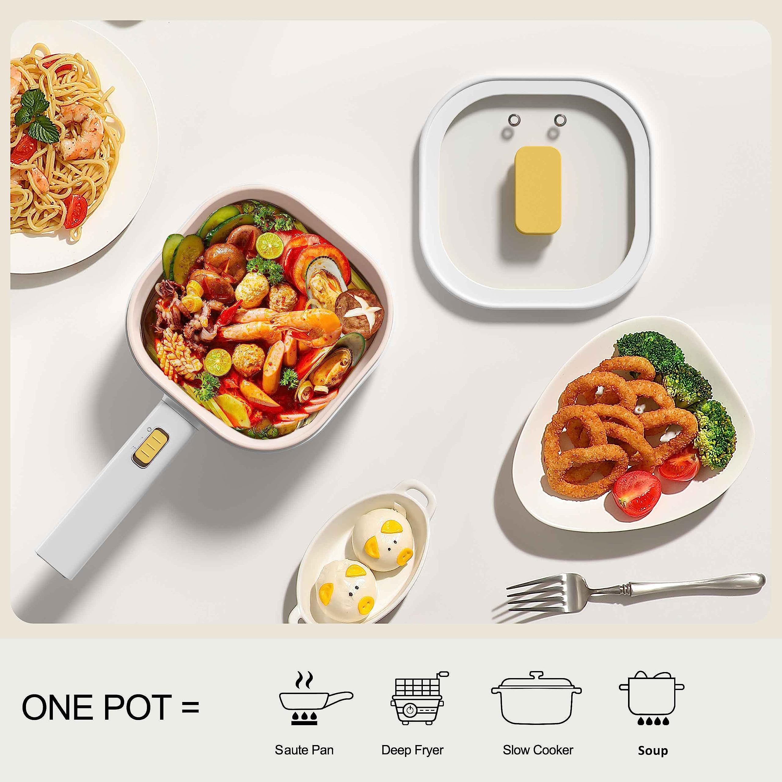 Dezin Electric Hot Pot, 2L Non-Stick Ceramic Coating Ramen Cooker, Multifunction Hot Pot for Ramen, Soup & Oatmeal, Portable Pot with Power Control for Dorm, Office, Travel (Silicone Spatula Included)