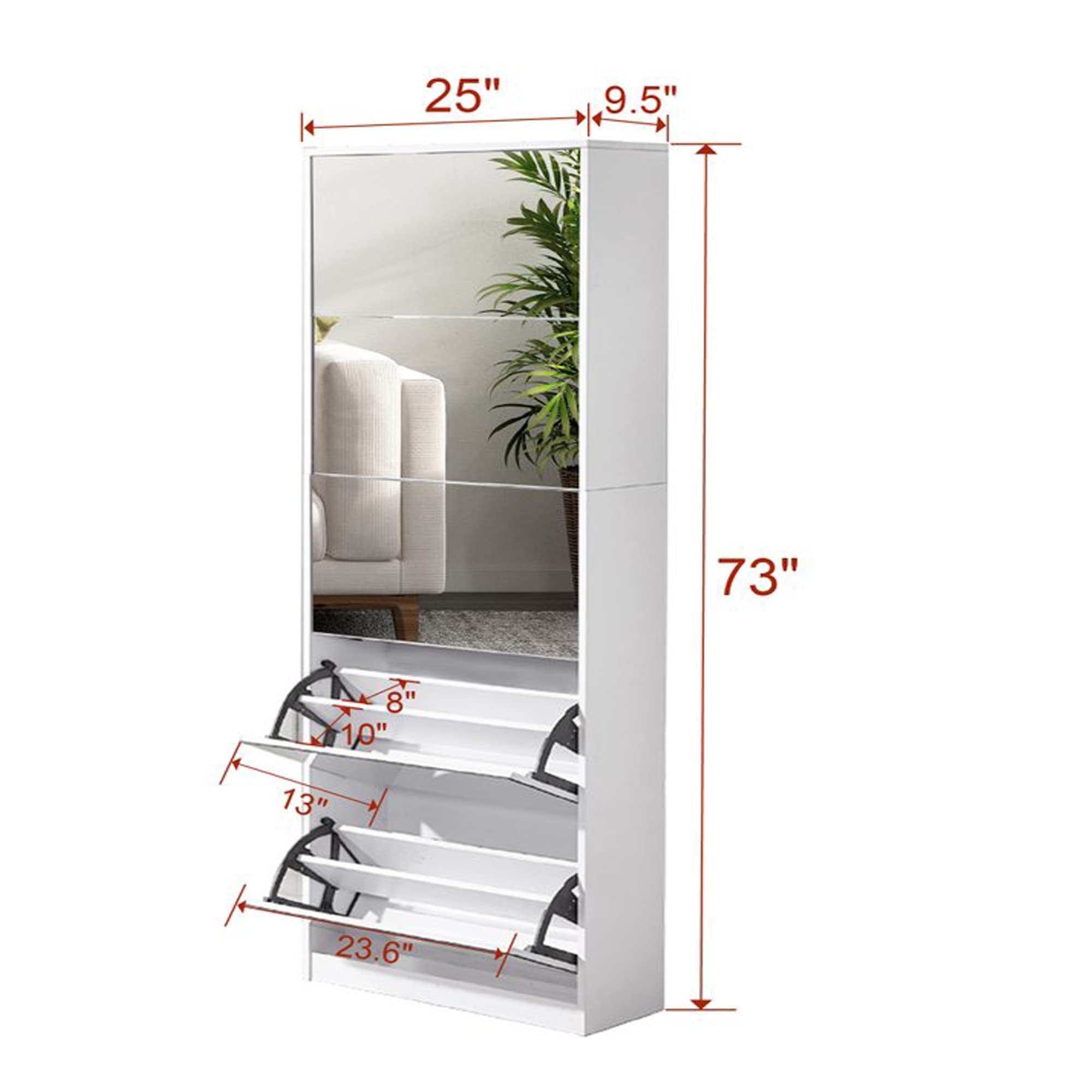 GLSCASA Modern Shoe Cabinet with Full Length Mirror, Freestanding Shoe Storage Organizer with 5 Flip Drawers, Separate 3 + 2 Tier Shoe Cupboard for Entryway, Dressing Room