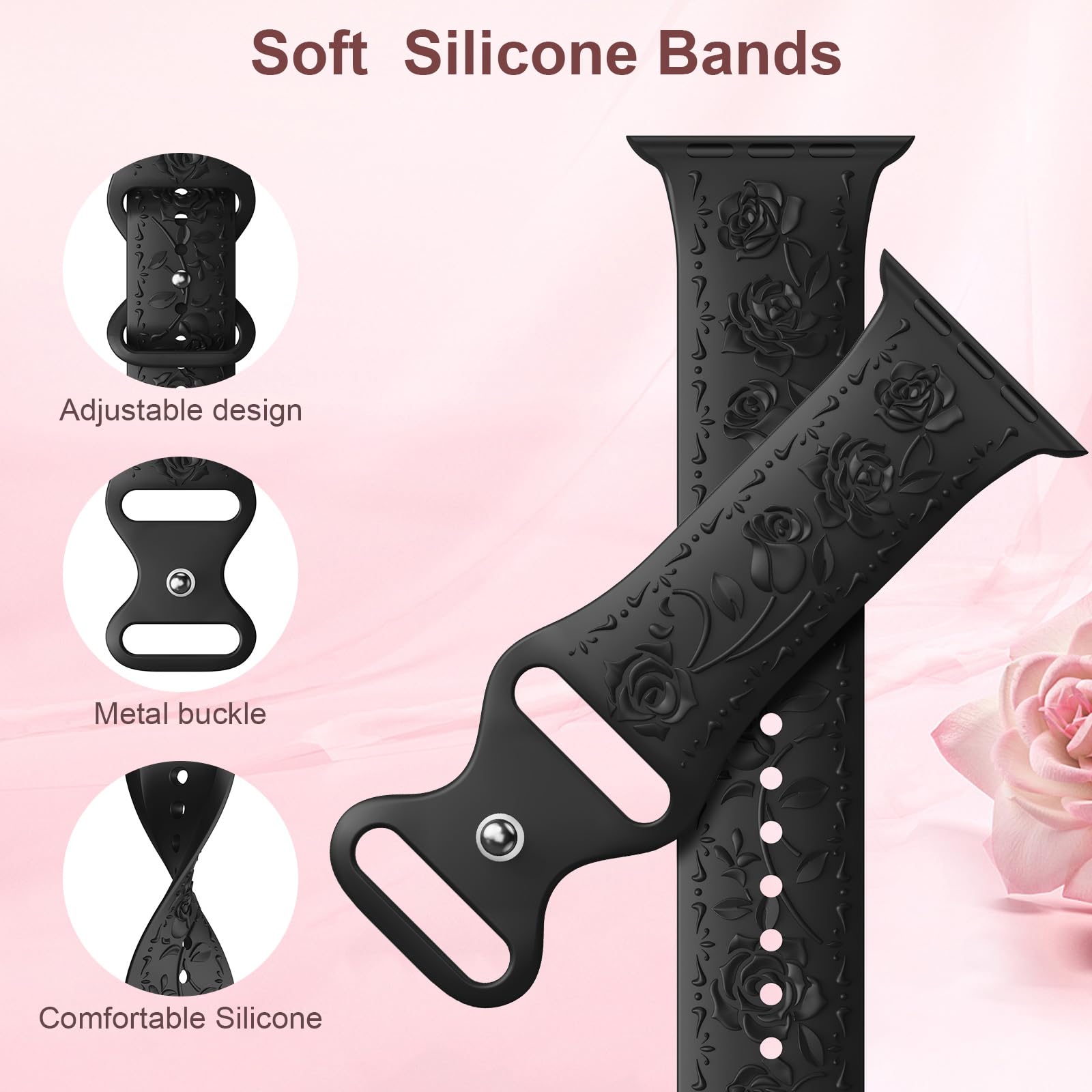 3 Packs Floral Engraved Bands Compatible with Apple Watch Band 40 44 38 42 41 45 46 49mm, Embossed Rose Strap for iWatch Series 10 9 8 7 SE 6 5 4 3 2,38Bwg