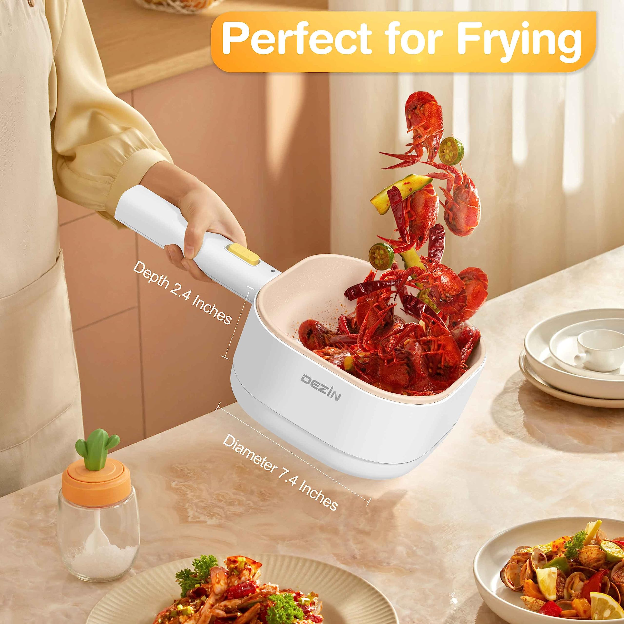 Dezin Electric Hot Pot, 2L Non-Stick Ceramic Coating Ramen Cooker, Multifunction Hot Pot for Ramen, Soup & Oatmeal, Portable Pot with Power Control for Dorm, Office, Travel (Silicone Spatula Included)