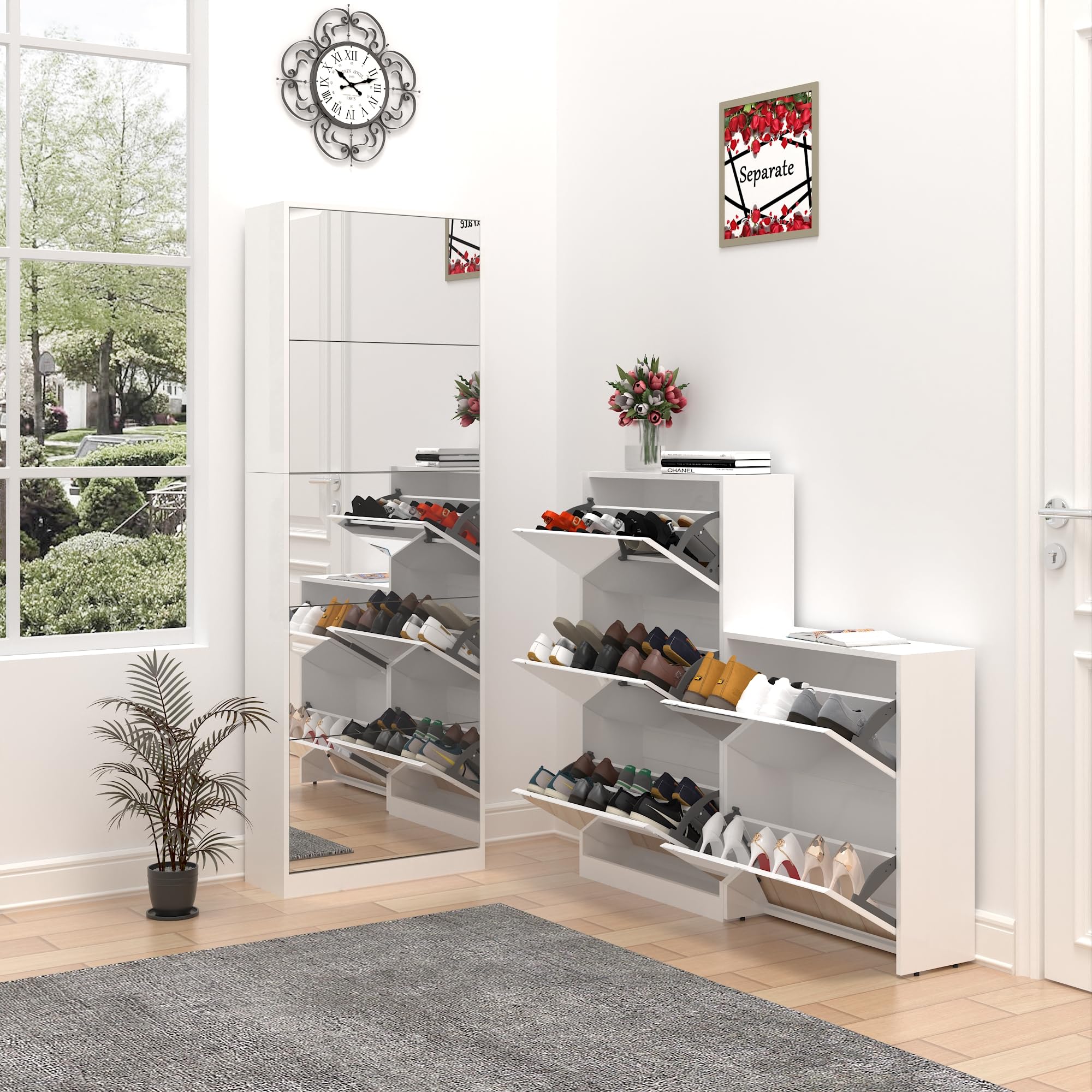GLSCASA Modern Shoe Cabinet with Full Length Mirror, Freestanding Shoe Storage Organizer with 5 Flip Drawers, Separate 3 + 2 Tier Shoe Cupboard for Entryway, Dressing Room