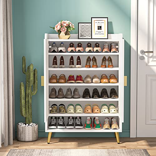 LITTLE TREE Shoe Cabinet, 24 Pair Shoe Cabinets with Doors & Adjustable Shelves, 7-Tier Modern Shoe Racks Storage Organizer for Entryway, Living Room, Bedroom, White + Gold