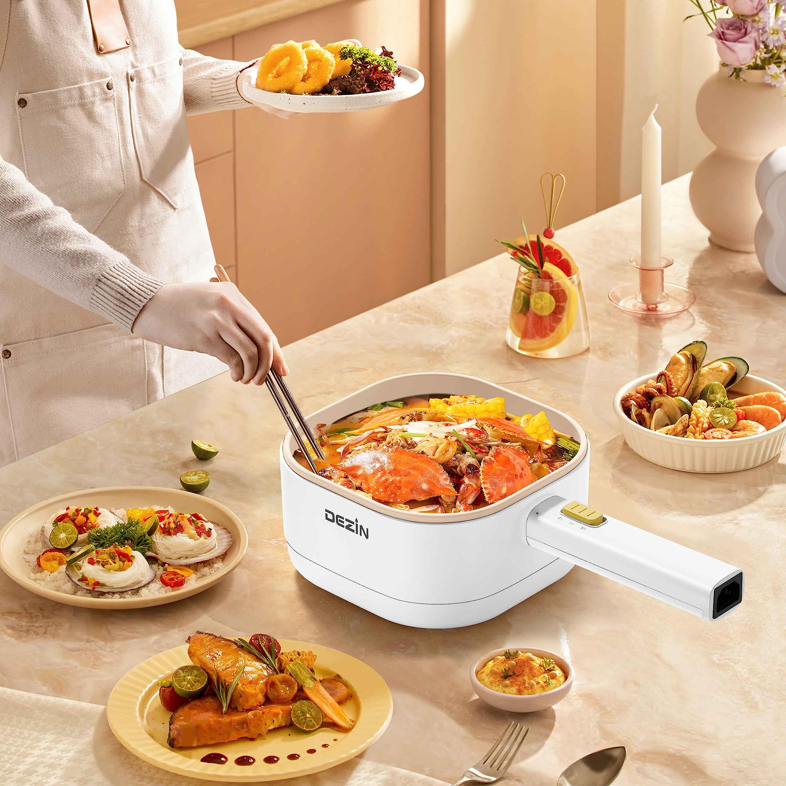 Dezin Electric Hot Pot, 2L Non-Stick Ceramic Coating Ramen Cooker, Multifunction Hot Pot for Ramen, Soup & Oatmeal, Portable Pot with Power Control for Dorm, Office, Travel (Silicone Spatula Included)
