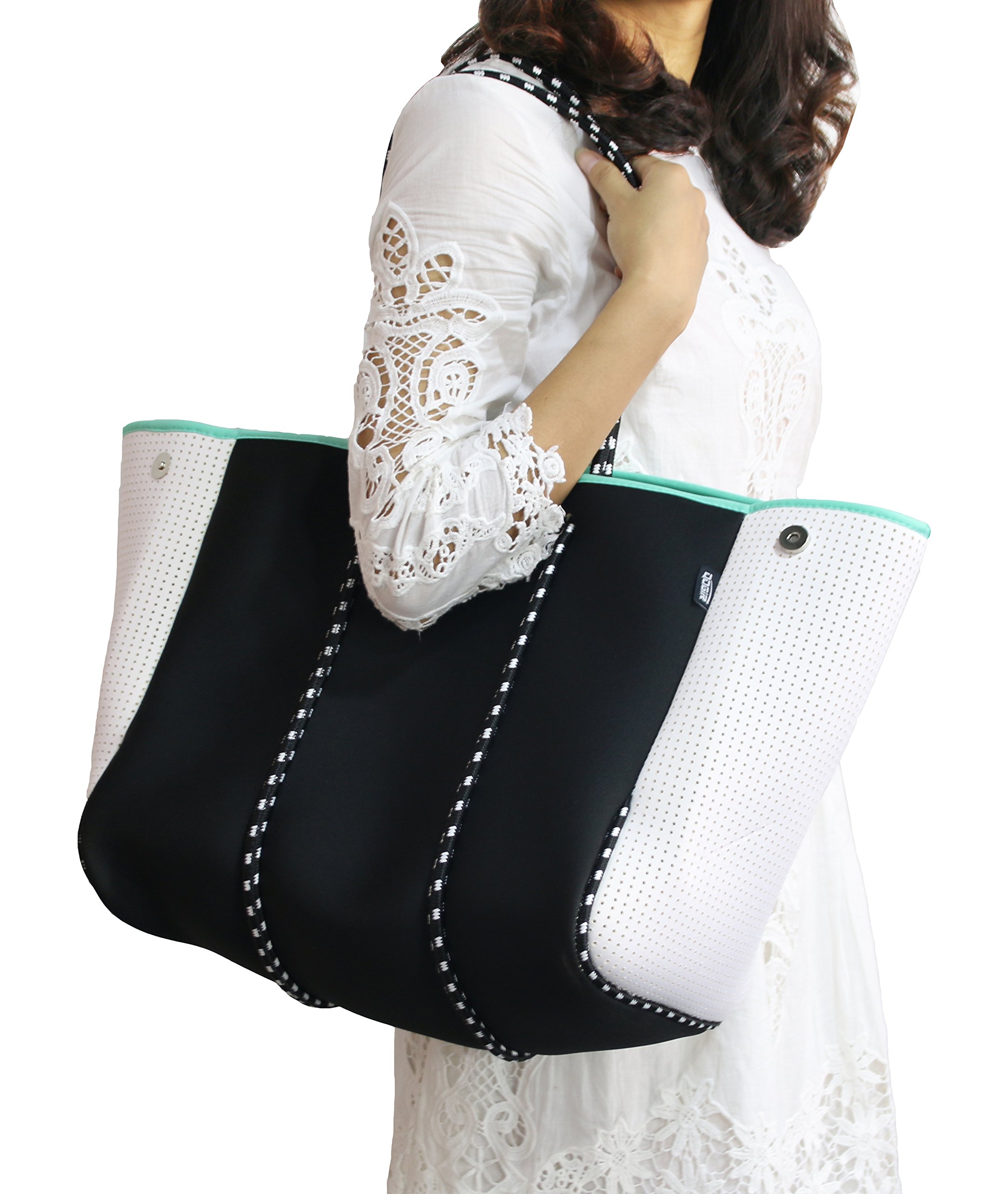 QOGiR Neoprene Multipurpose Beach Bag Tote with Inner Zipper Pocket (Black, X-Large) …