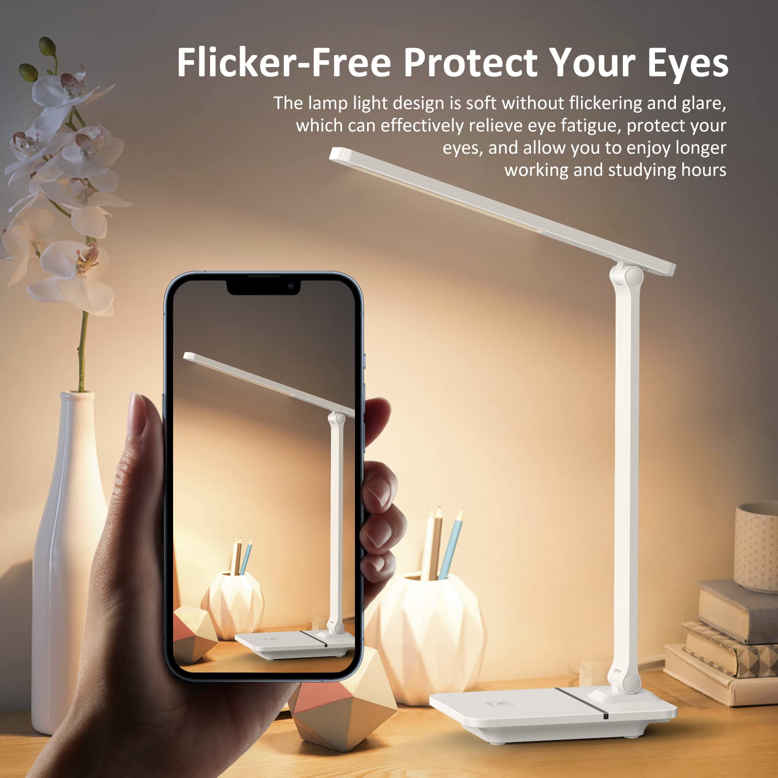 Desk Lamp with USB Charging Port , Folding Desk Light with 3 Color Modes Stepless Dimming, Eye-Caring LED Desk Lamps, Multifunction Table Lamp Touch Control Desk Lamps for Home Office(White+Black)