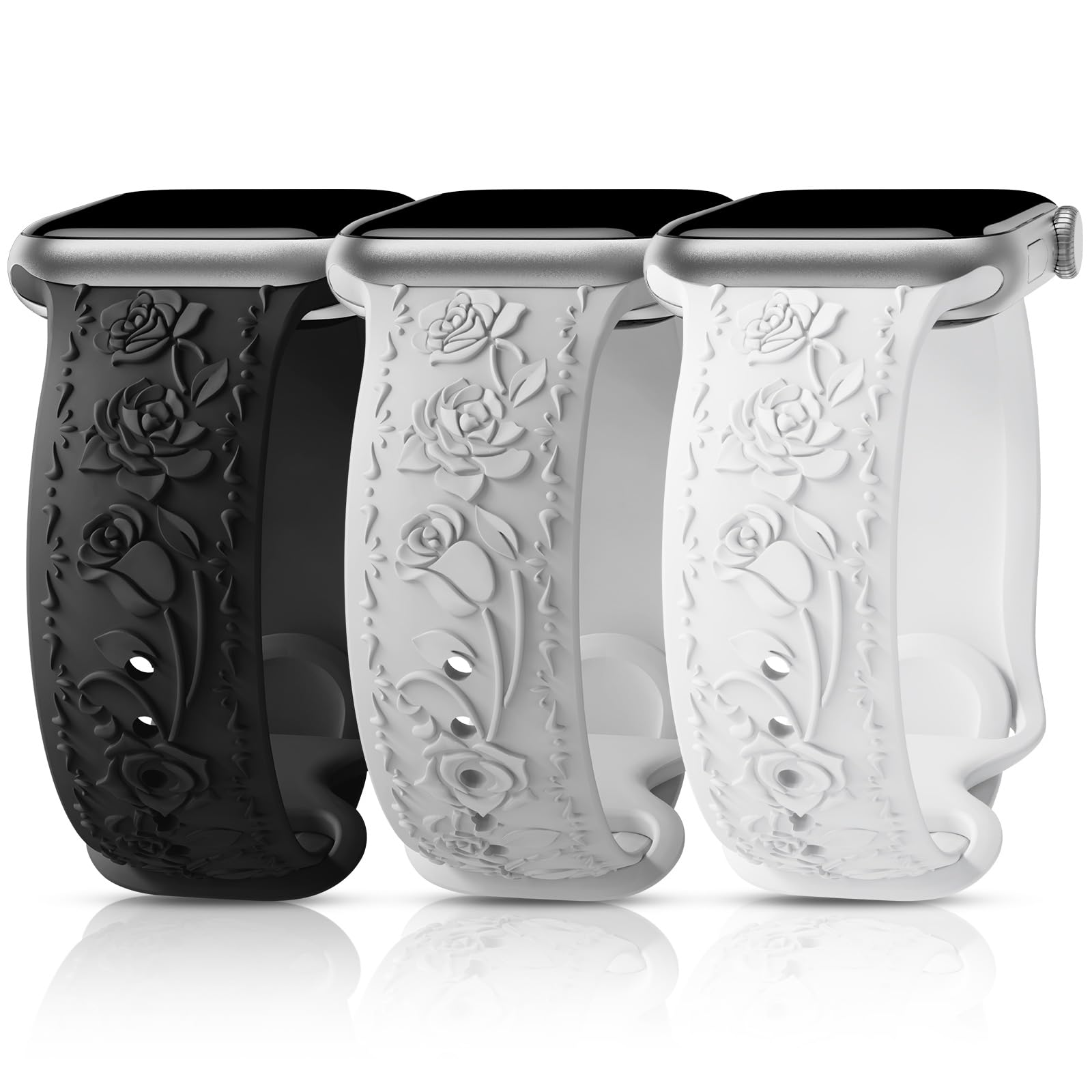 3 Packs Floral Engraved Bands Compatible with Apple Watch Band 40 44 38 42 41 45 46 49mm, Embossed Rose Strap for iWatch Series 10 9 8 7 SE 6 5 4 3 2,38Bwg