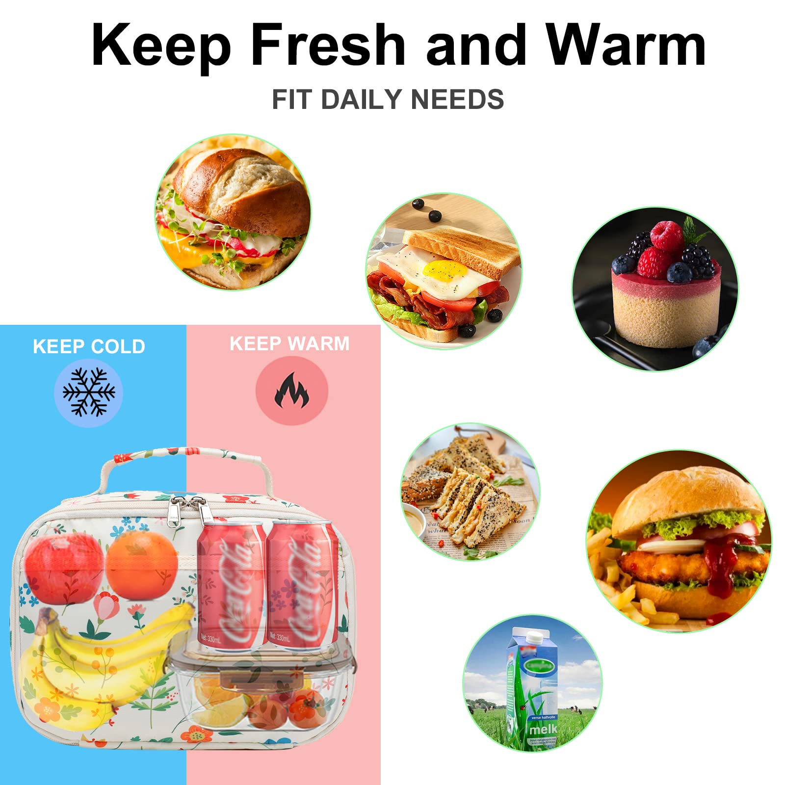 Kids Lunch Box Boys Girls Insulated Lunch Cooler Bag Reusable Lunch Tote Kit for School Travel(Flower)