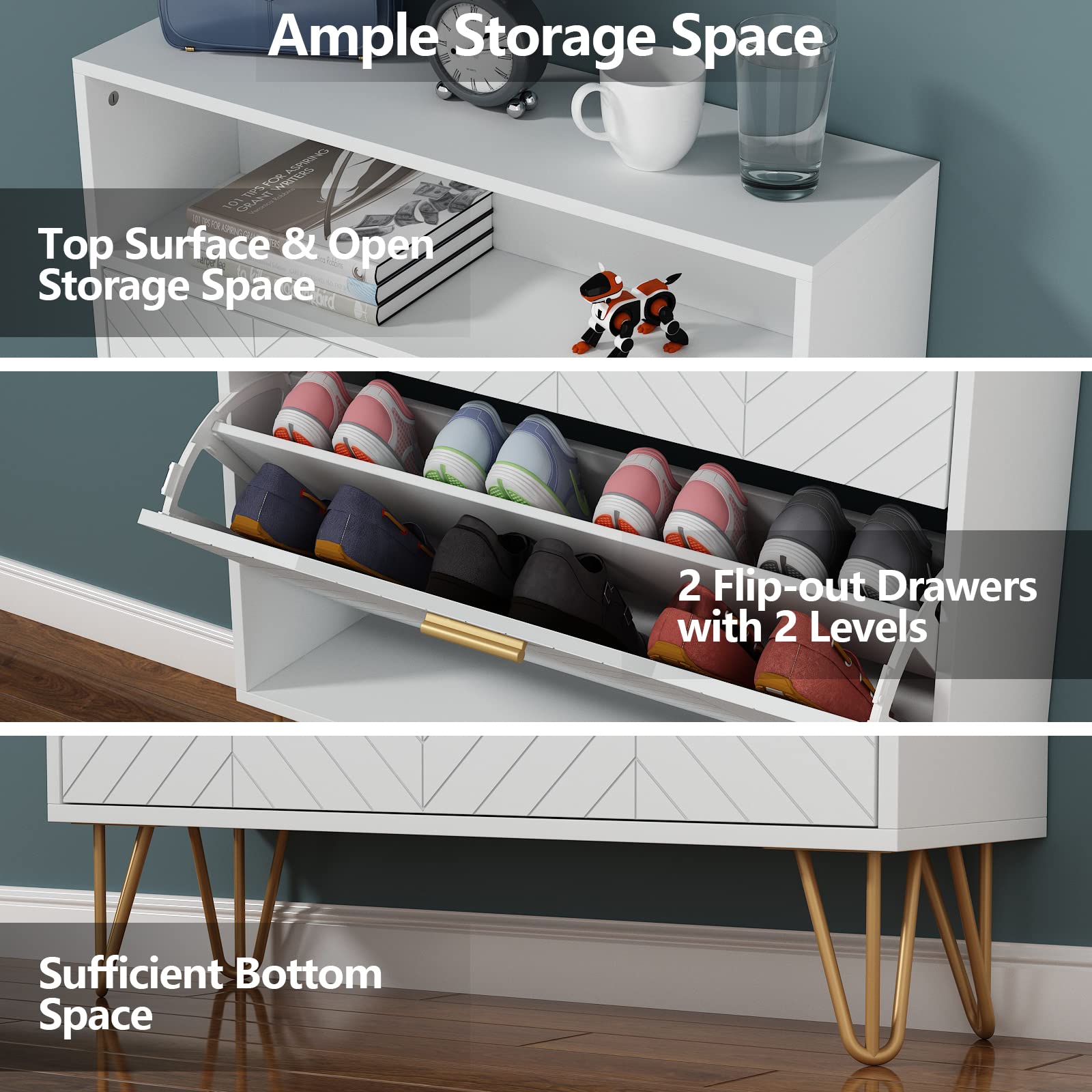 Auromie Shoe Cabinet, Freestanding Tipping Bucket Shoe Storage Cabinet with 2 Flip Drawers, Modern Entryway Shoe Rack with Storage Top Cubby, Narrow Slim Hidden Shoe Organizer with Doors (White)