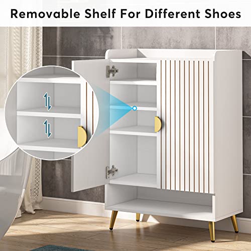 LITTLE TREE Shoe Cabinet, 24 Pair Shoe Cabinets with Doors & Adjustable Shelves, 7-Tier Modern Shoe Racks Storage Organizer for Entryway, Living Room, Bedroom, White + Gold
