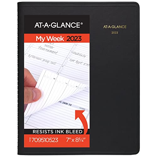 AT-A-GLANCE 2023 Weekly Planner, Quarter-Hourly Appointment Book, 7" x 8-3/4", Medium, Telephone/Address Pages, Black (7095105)