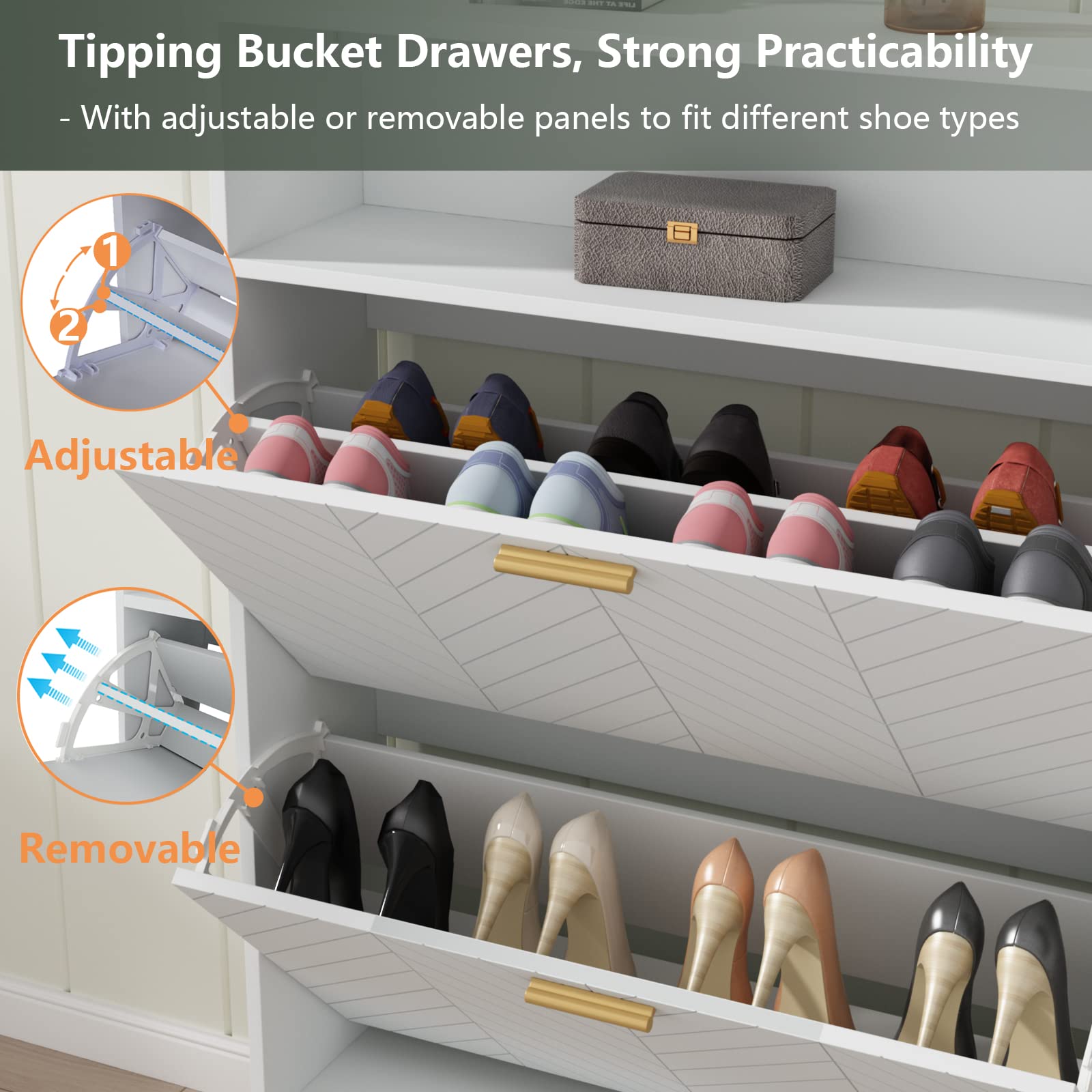 Auromie Shoe Cabinet, Freestanding Tipping Bucket Shoe Storage Cabinet with 2 Flip Drawers, Modern Entryway Shoe Rack with Storage Top Cubby, Narrow Slim Hidden Shoe Organizer with Doors (White)